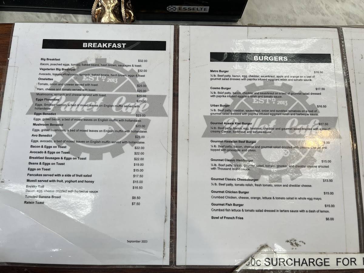 Menu at Pallet Cafe, Brisbane City