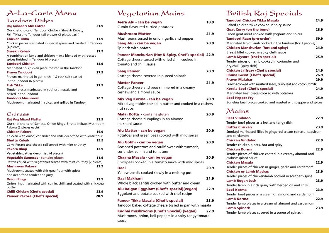 Menu at British Raj restaurant, Torrensville, 170 Henley Beach Rd