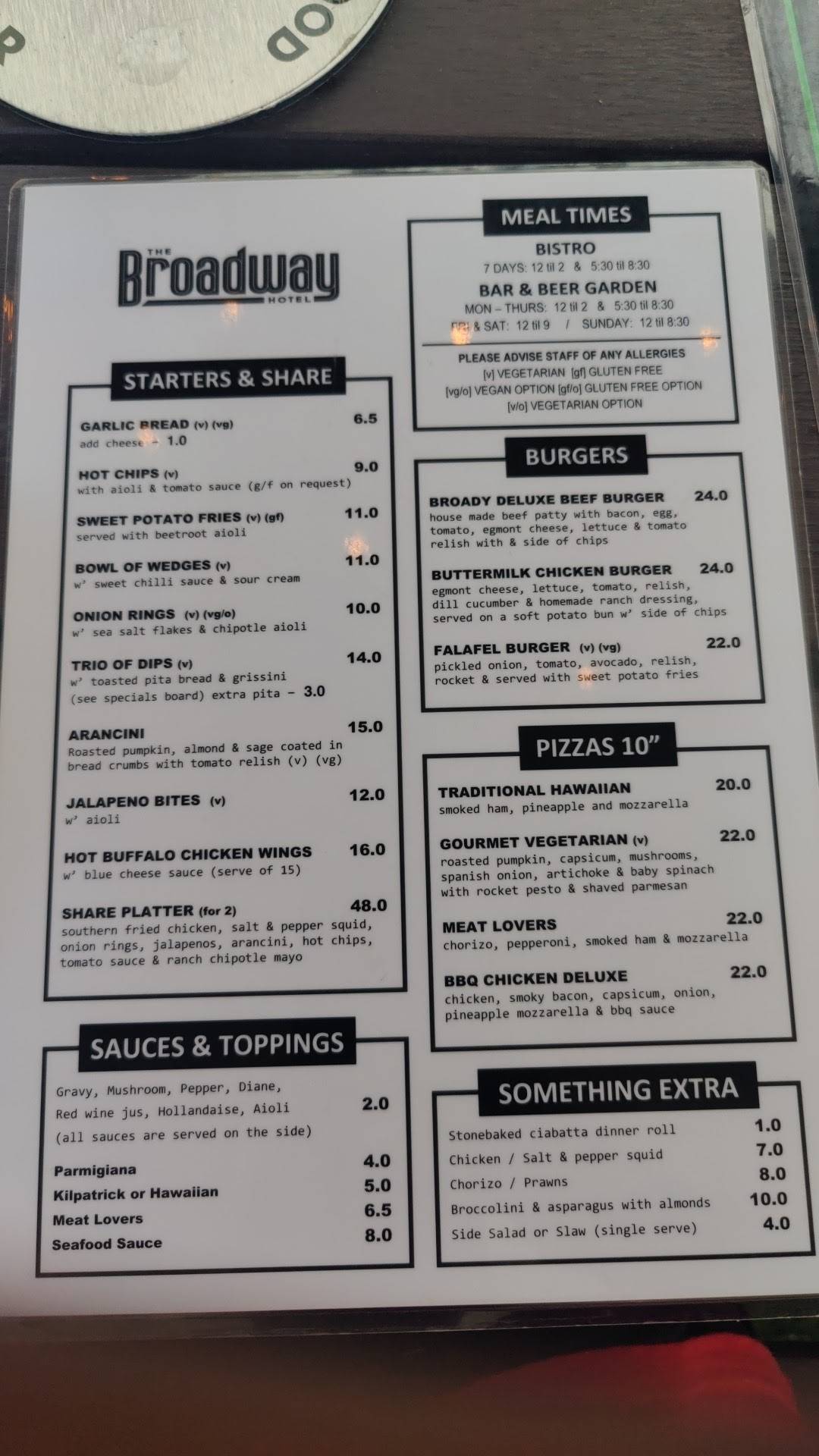 Menu at Broadway Hotel pub & bar, Glenelg South, 61 Broadway