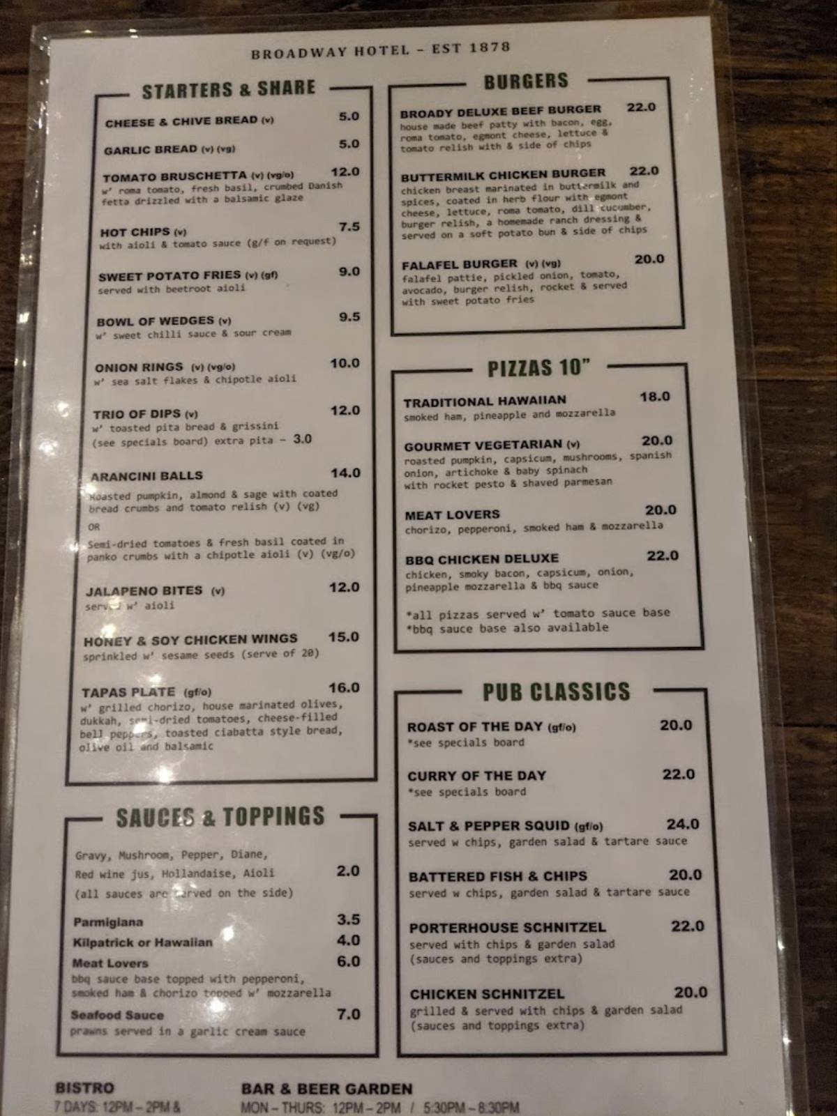 Menu at Broadway Hotel pub & bar, Glenelg South, 61 Broadway