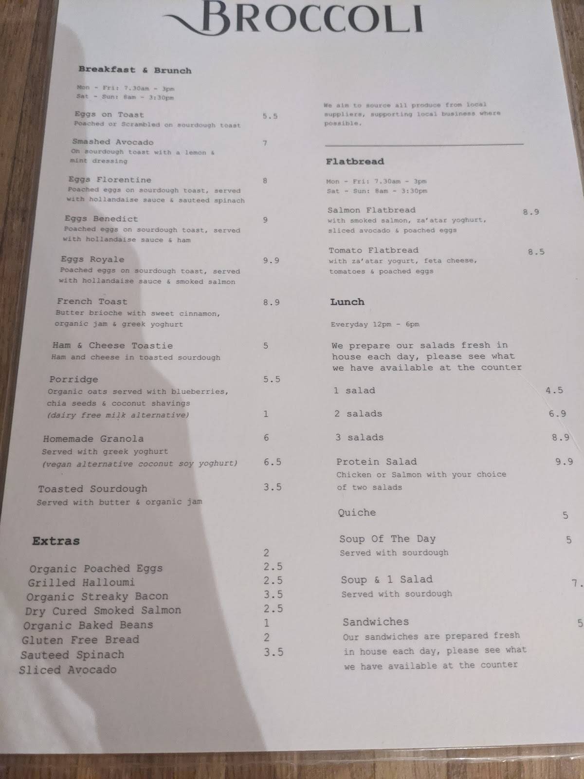 Menu at Broccoli cafe, London