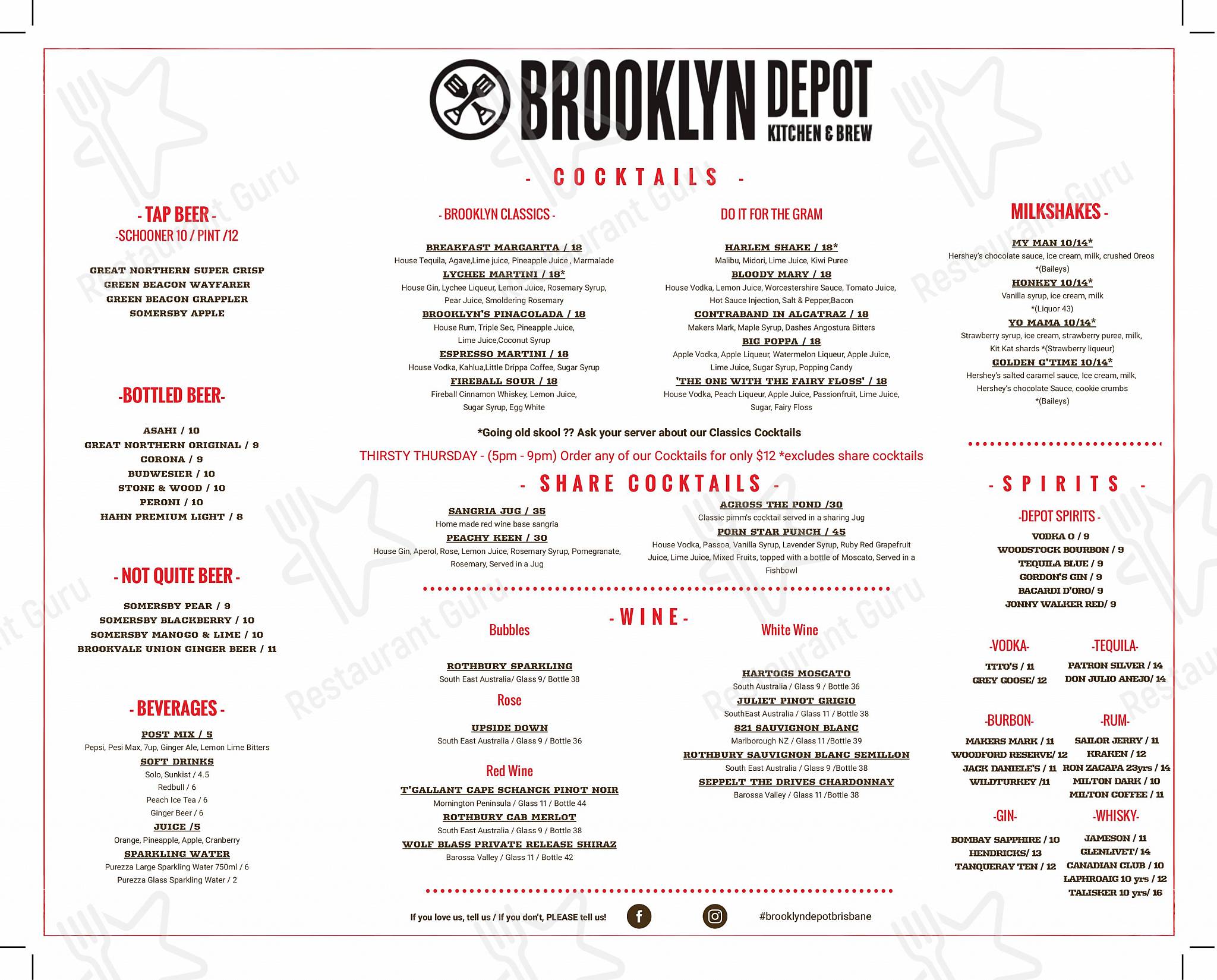 Menu at Brooklyn Depot, Southbank, Brisbane pub & bar, South Brisbane