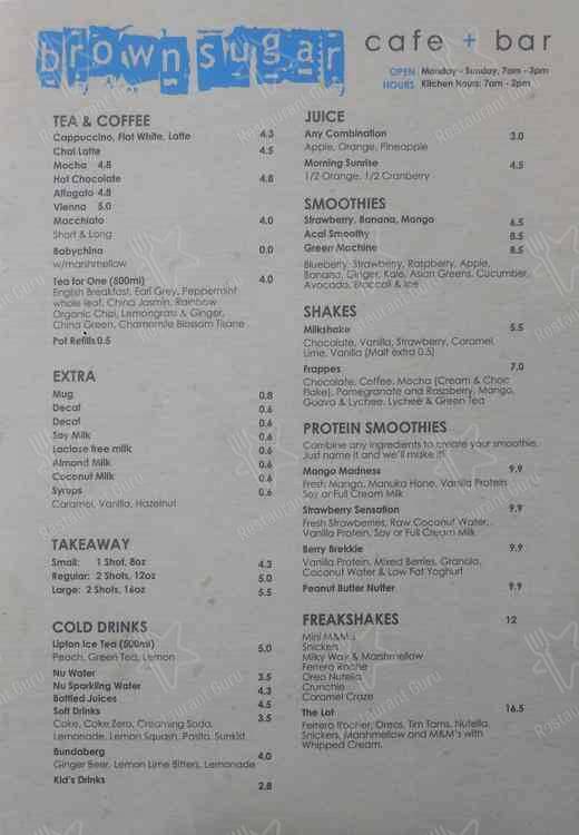 Menu at Brown Sugar Cafe & Bar, Victoria Point