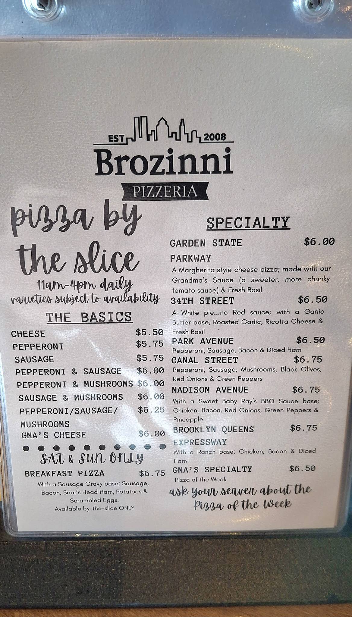 Menu at Brozinni Pizzeria, Indianapolis, S Emerson Ave # 240