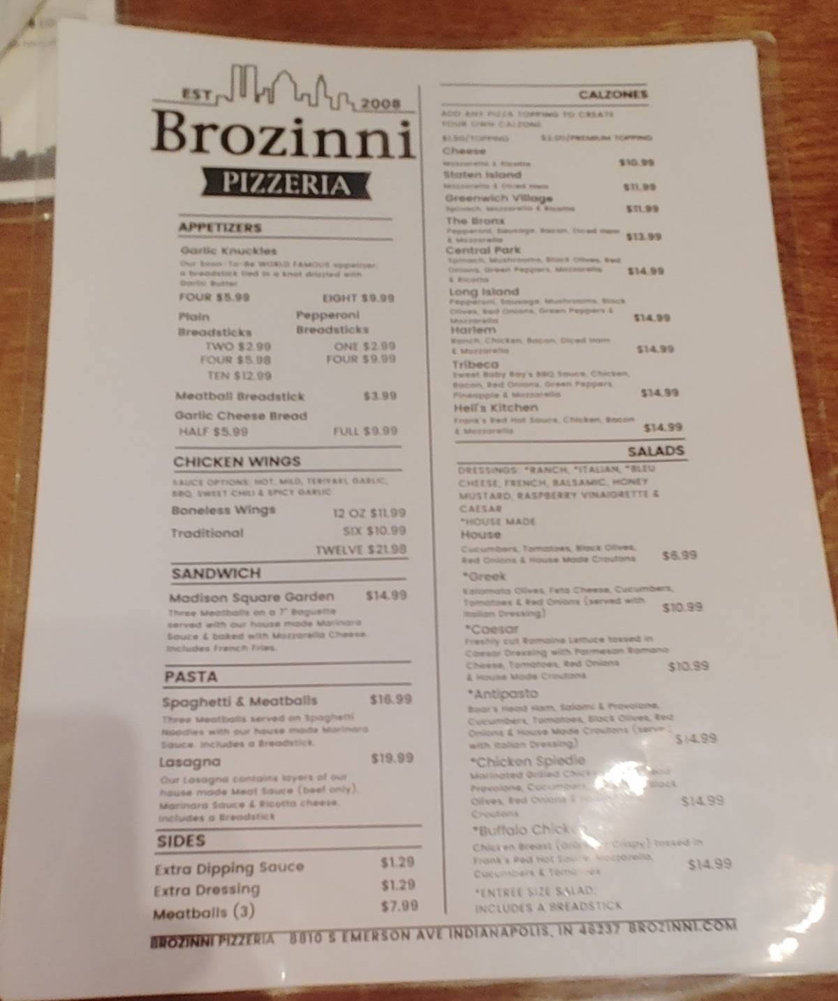 Menu at Brozinni Pizzeria, Indianapolis, S Emerson Ave # 240