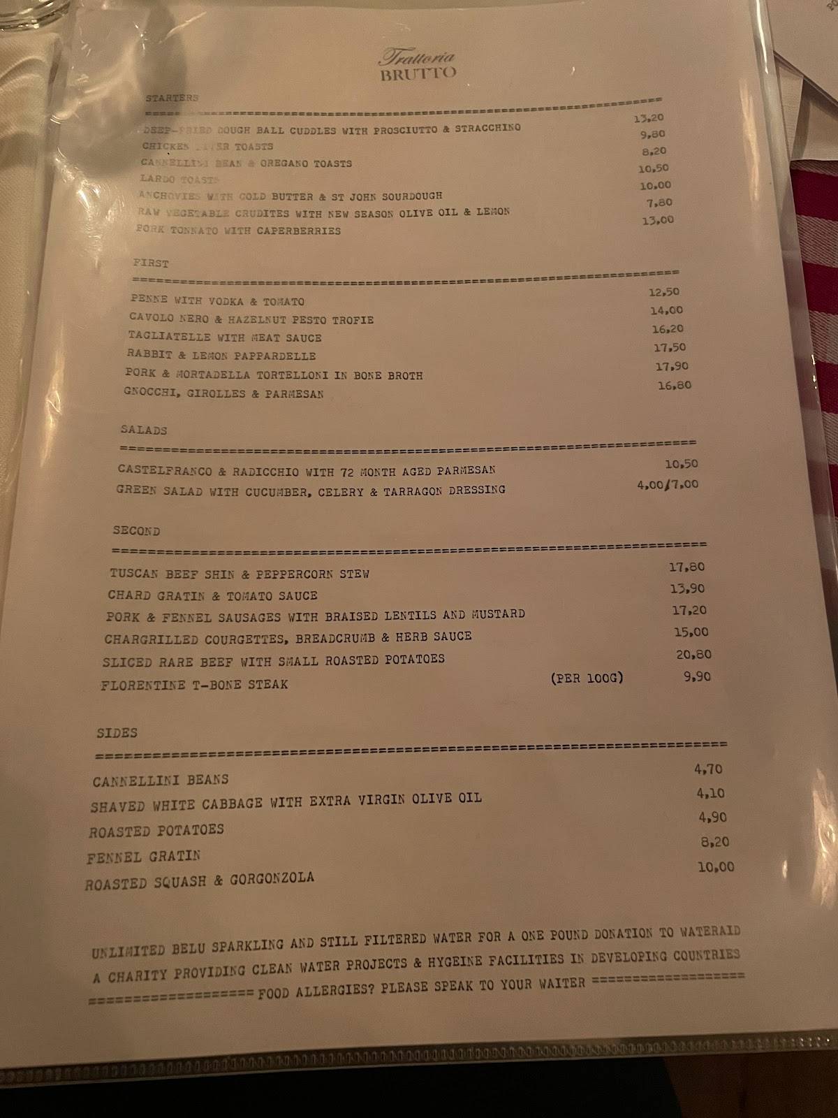 Menu at Brutto restaurant, London