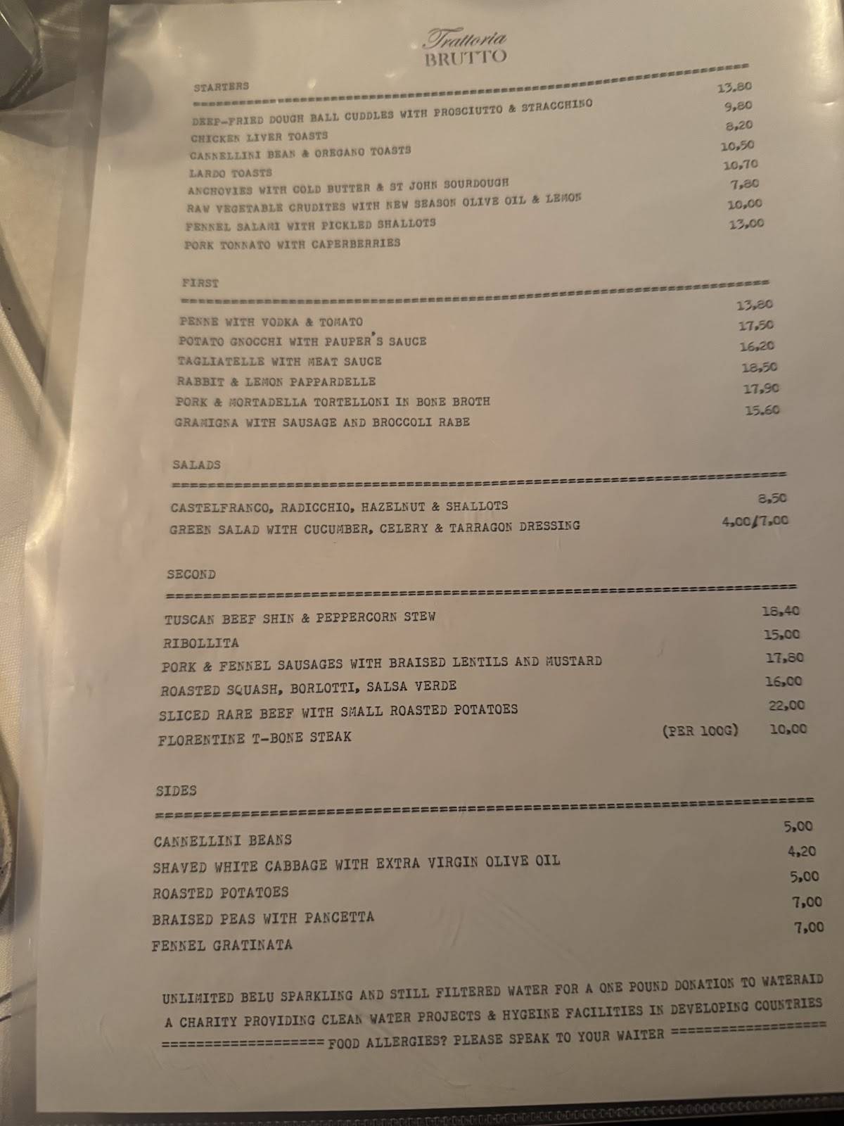 Menu at Brutto restaurant, London