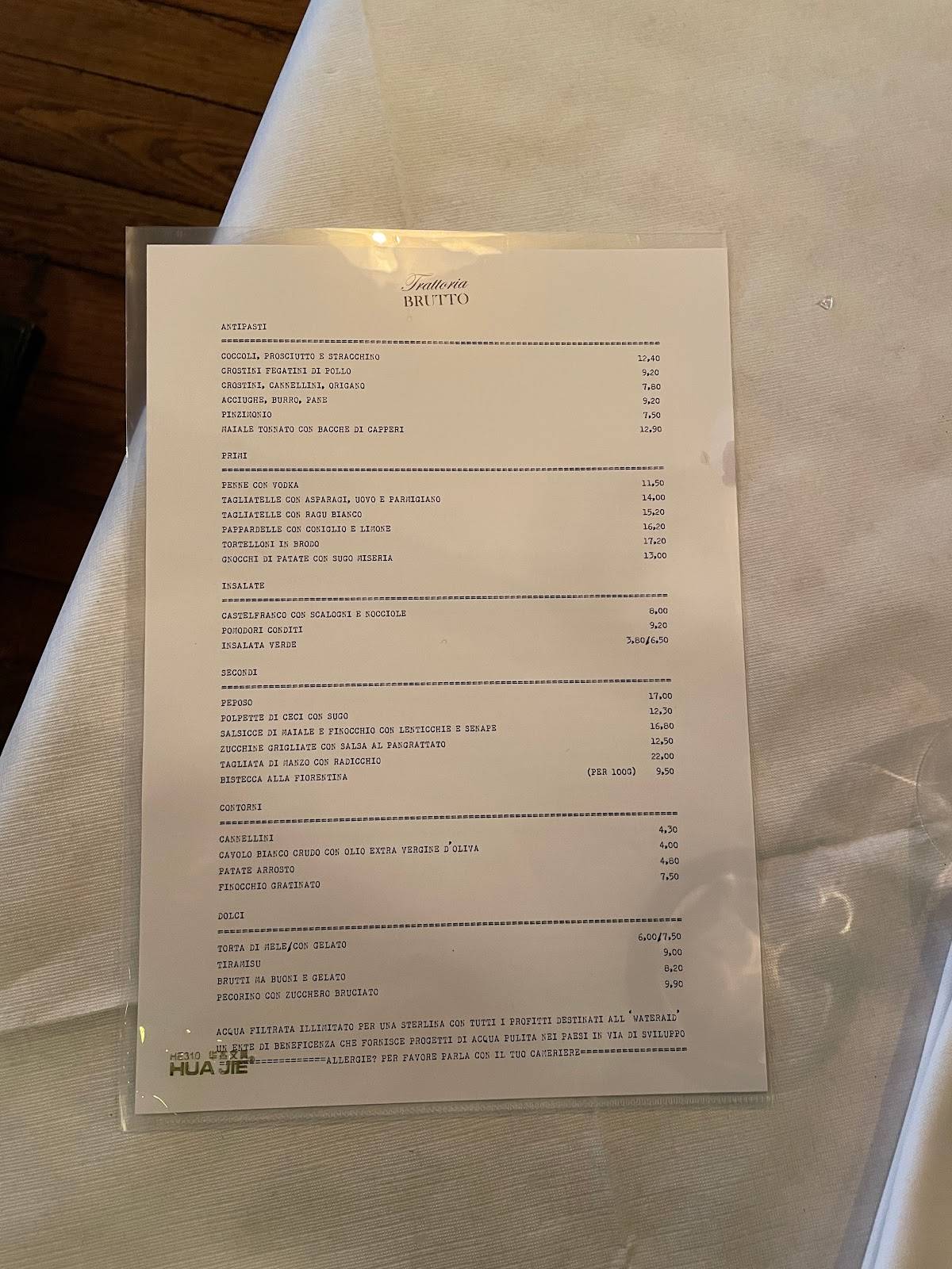 Menu at Brutto restaurant, London