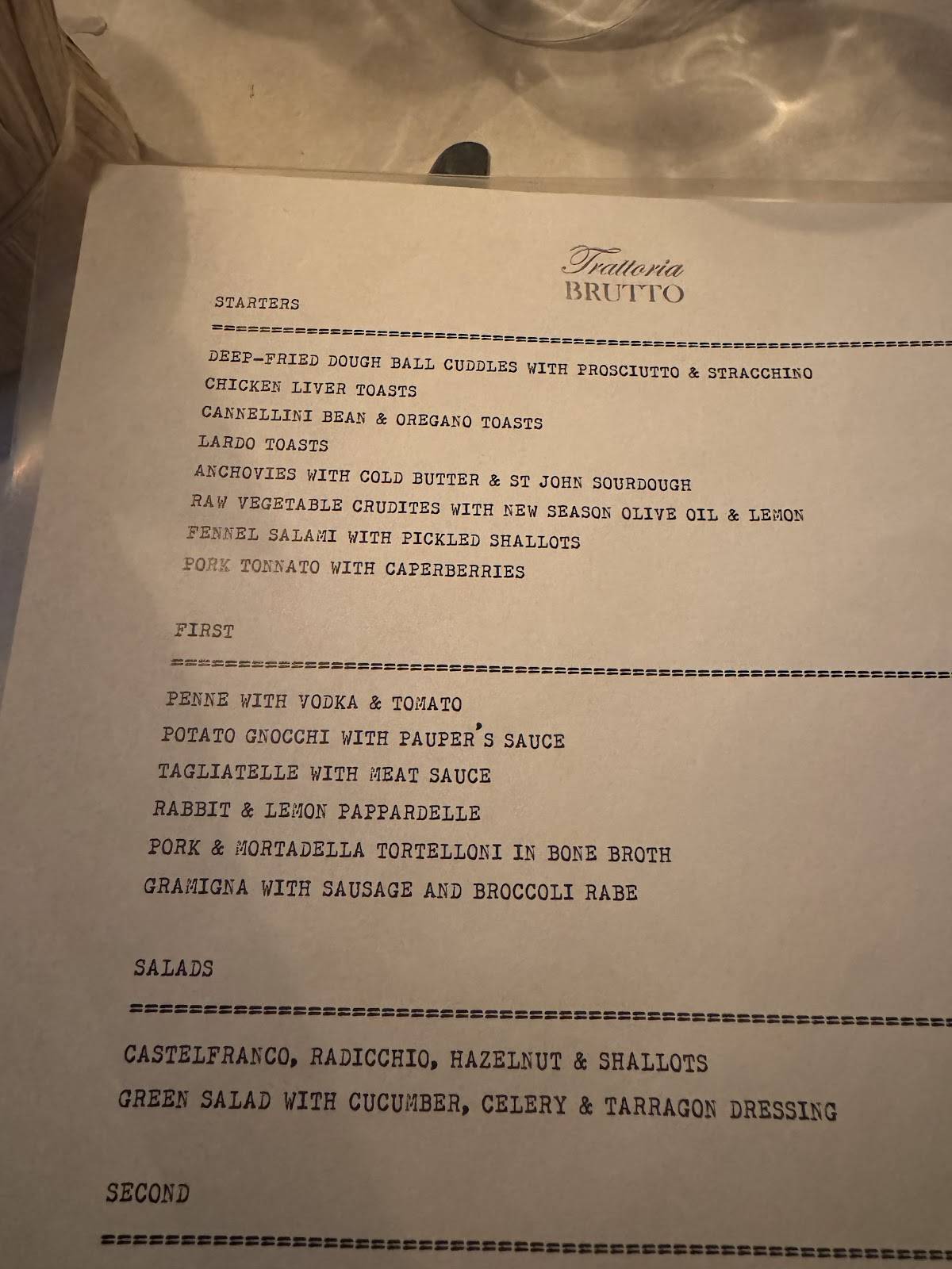 Menu at Brutto restaurant, London