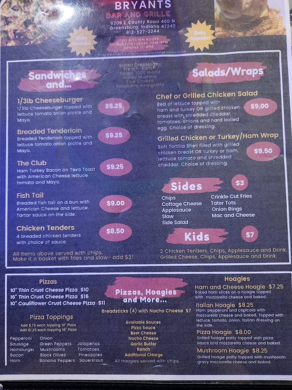 Menu at Bryants Bar And Grille, USA