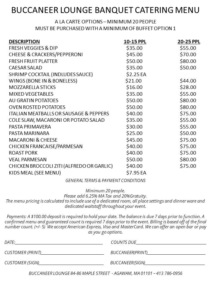 Menu at Buccaneer Lounge pub & bar, Agawam