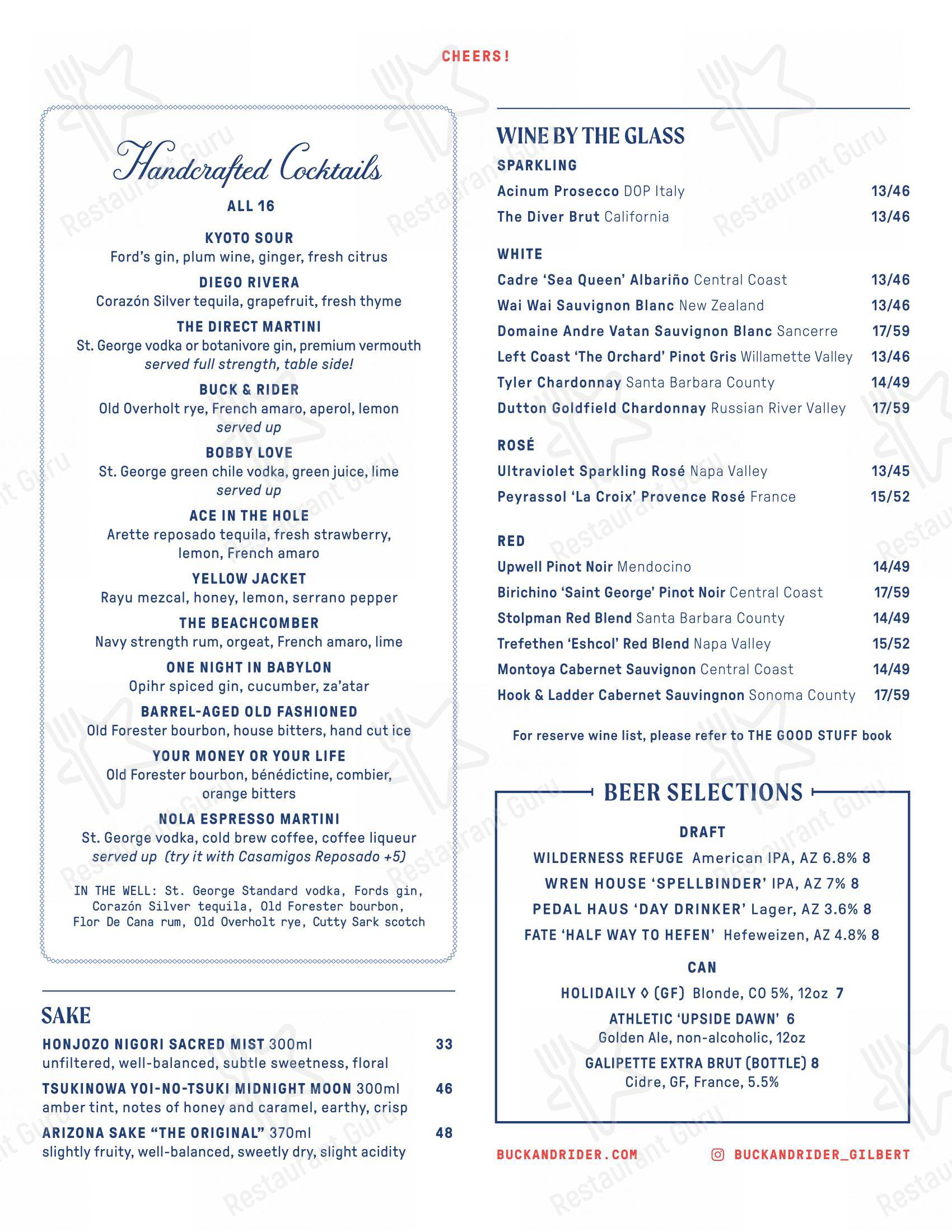 Menu at Buck & Rider Gilbert pub & bar, Gilbert