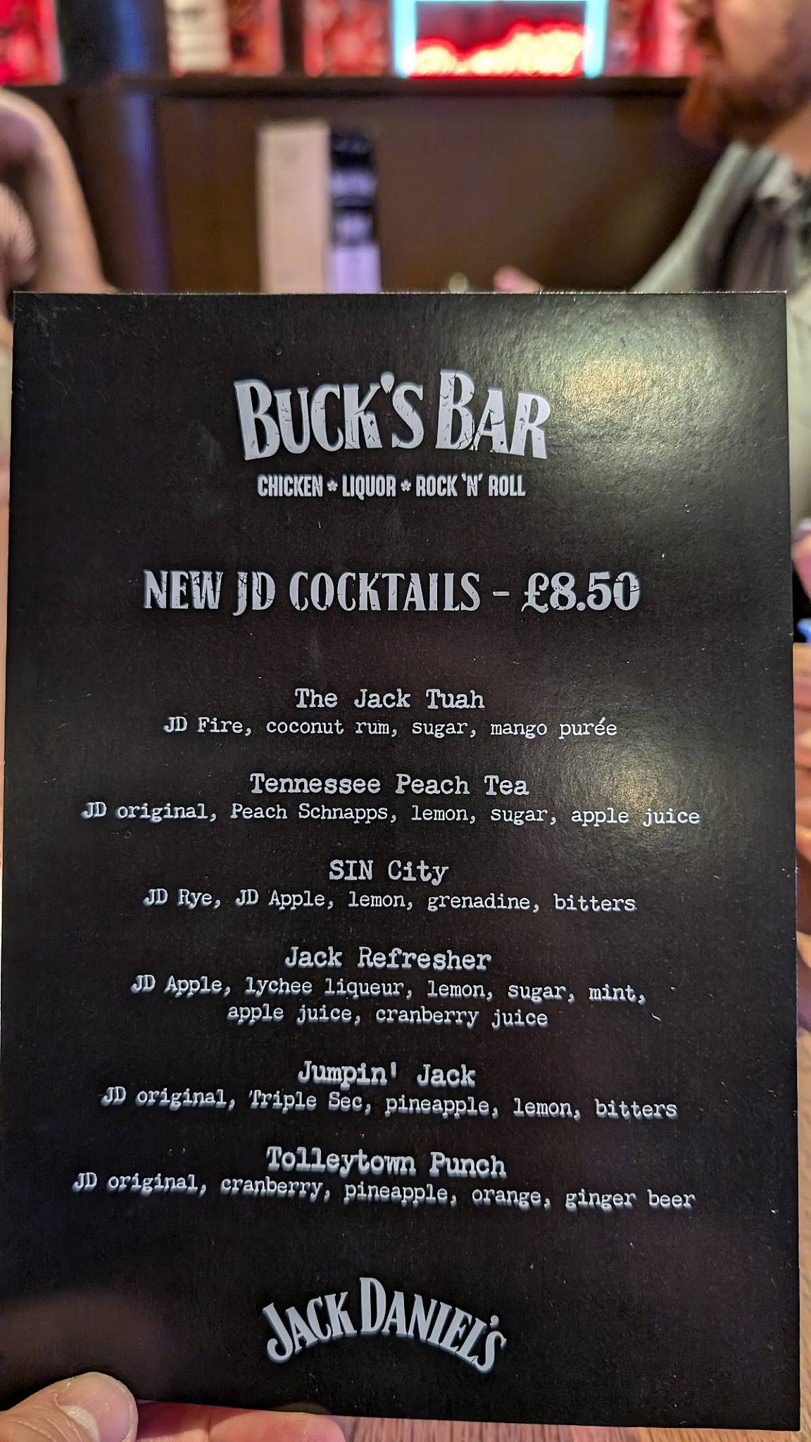 Menu at Buck's Bar, Glasgow