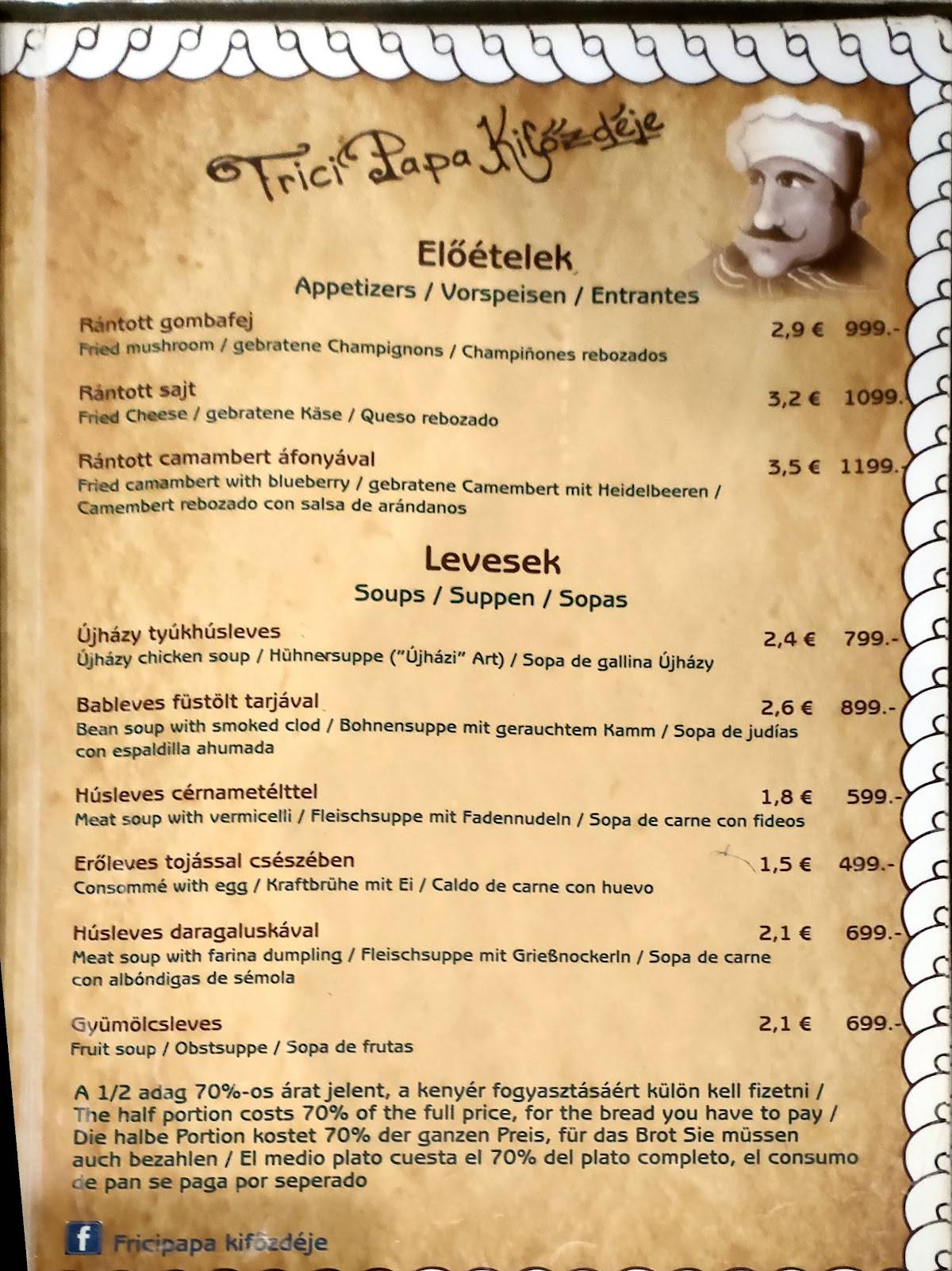Carta del restaurante Frici Papa, Budapest