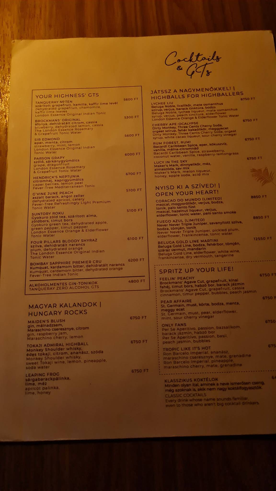 Menu at Leo Rooftop Budapest pub & bar, Budapest