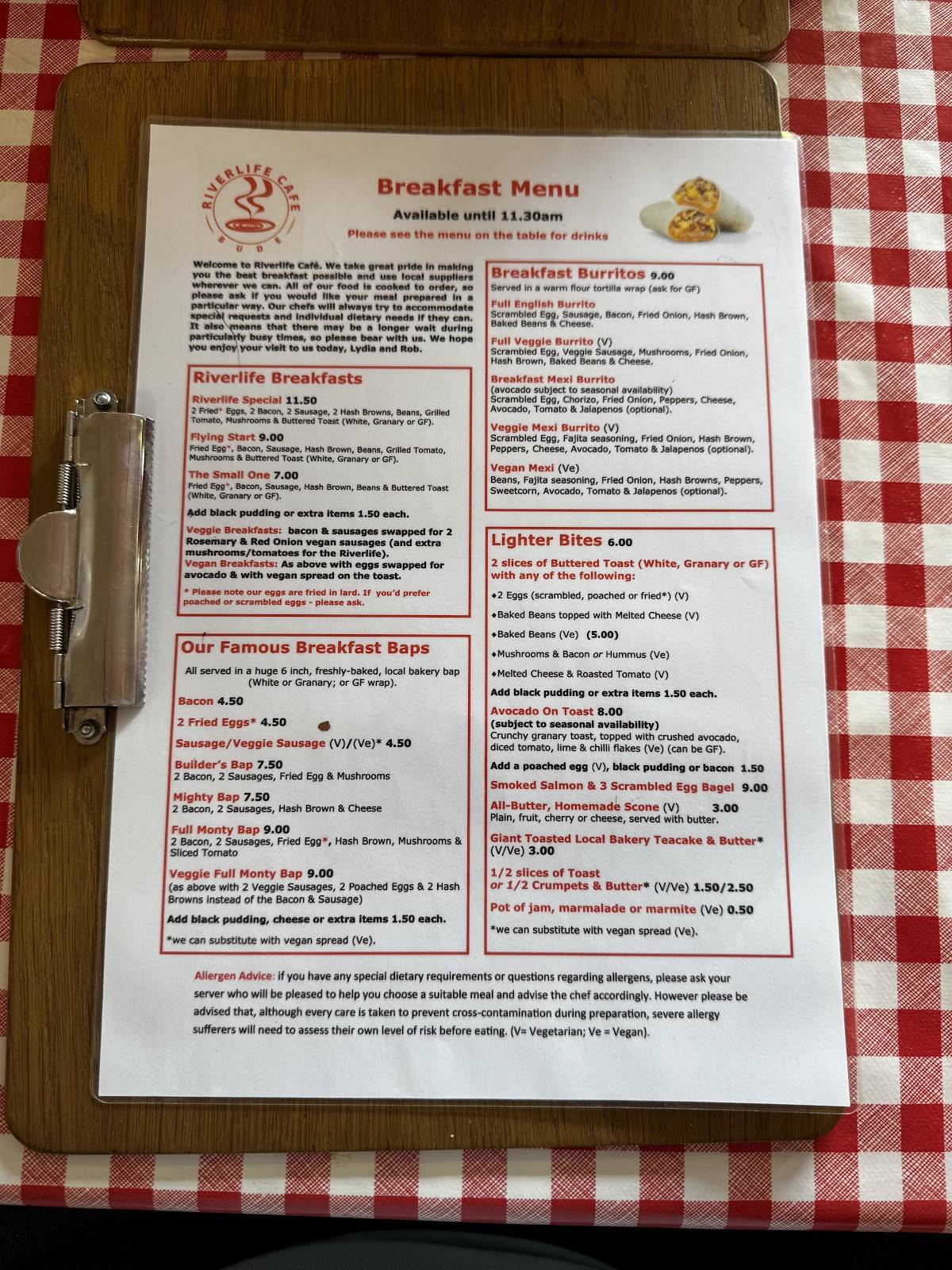 Menu at Riverlife Cafe, Bude