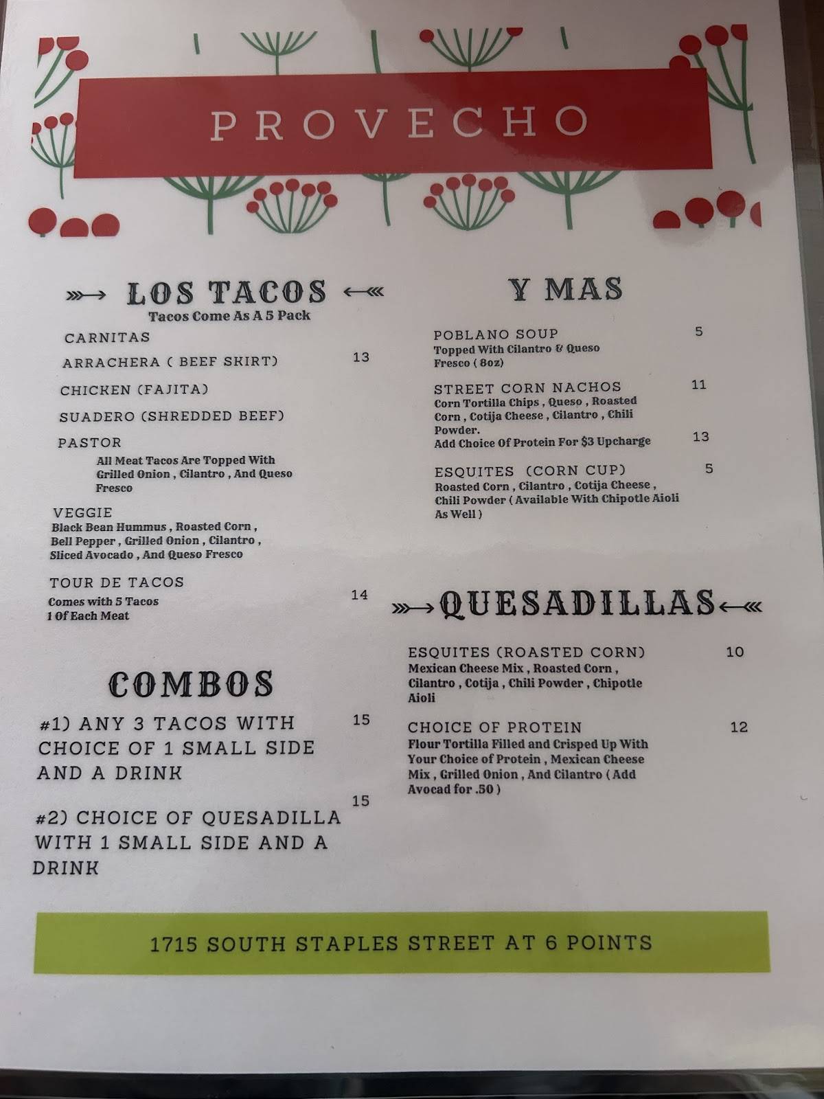Menu at Buen Provecho restaurant, Corpus Christi