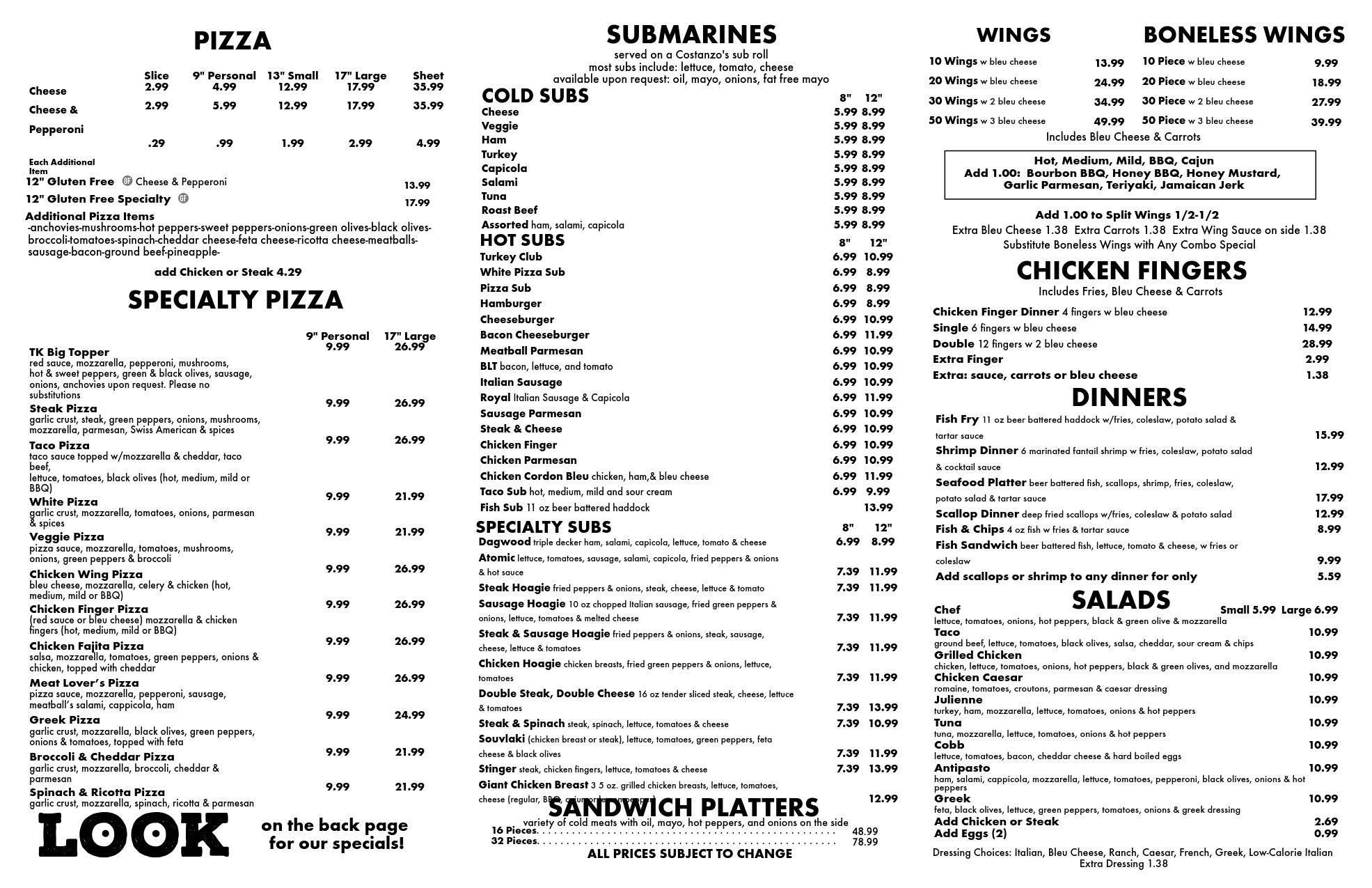 Menu at TK's Pizza pizzeria, West Seneca