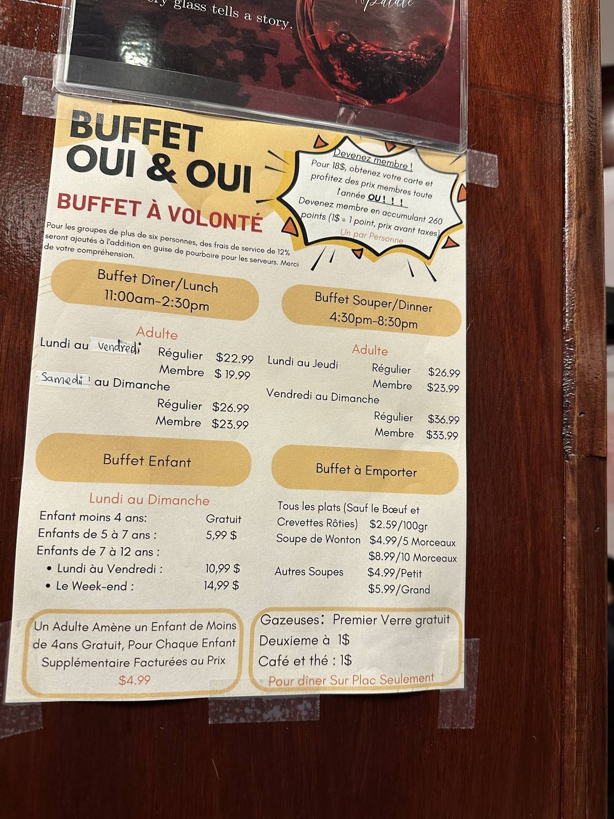Menu au Buffet Oui & Oui restaurant, Montréal