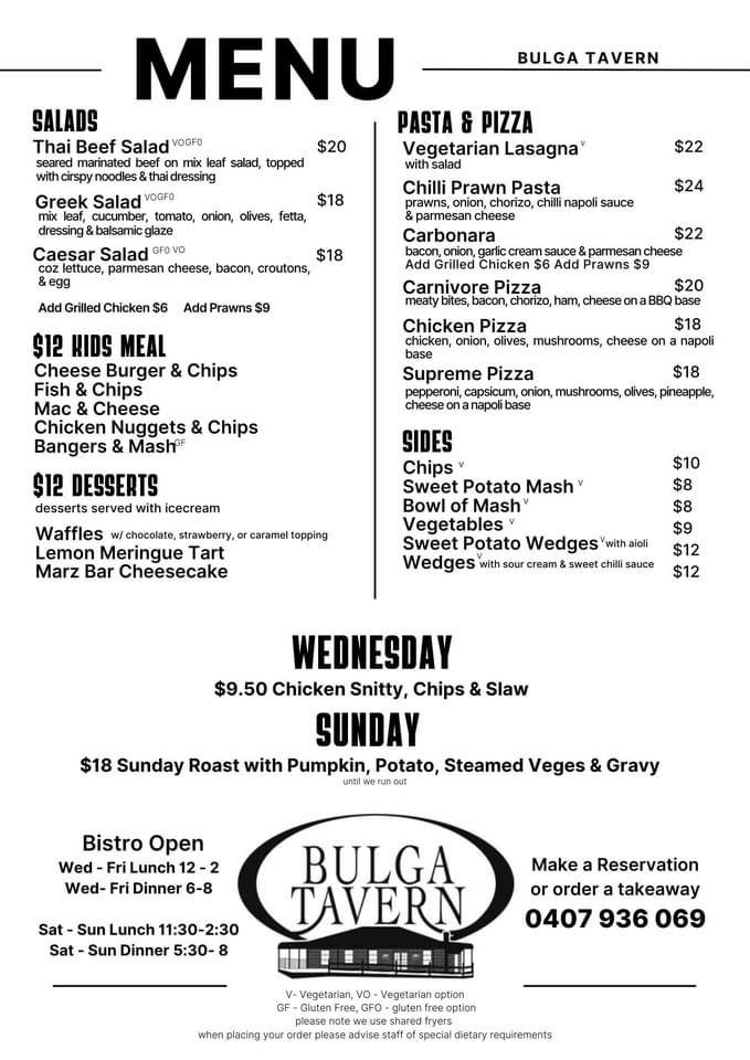 Menu at Bulga Tavern pub & bar, Bulga