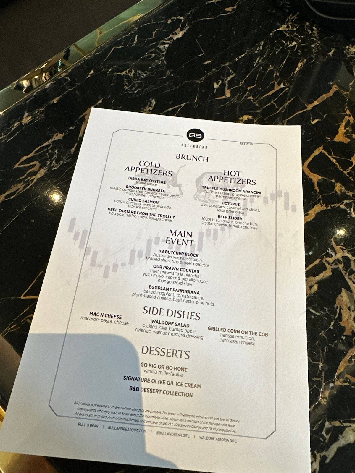 Menu at Bull & Bear DIFC steakhouse, Dubai