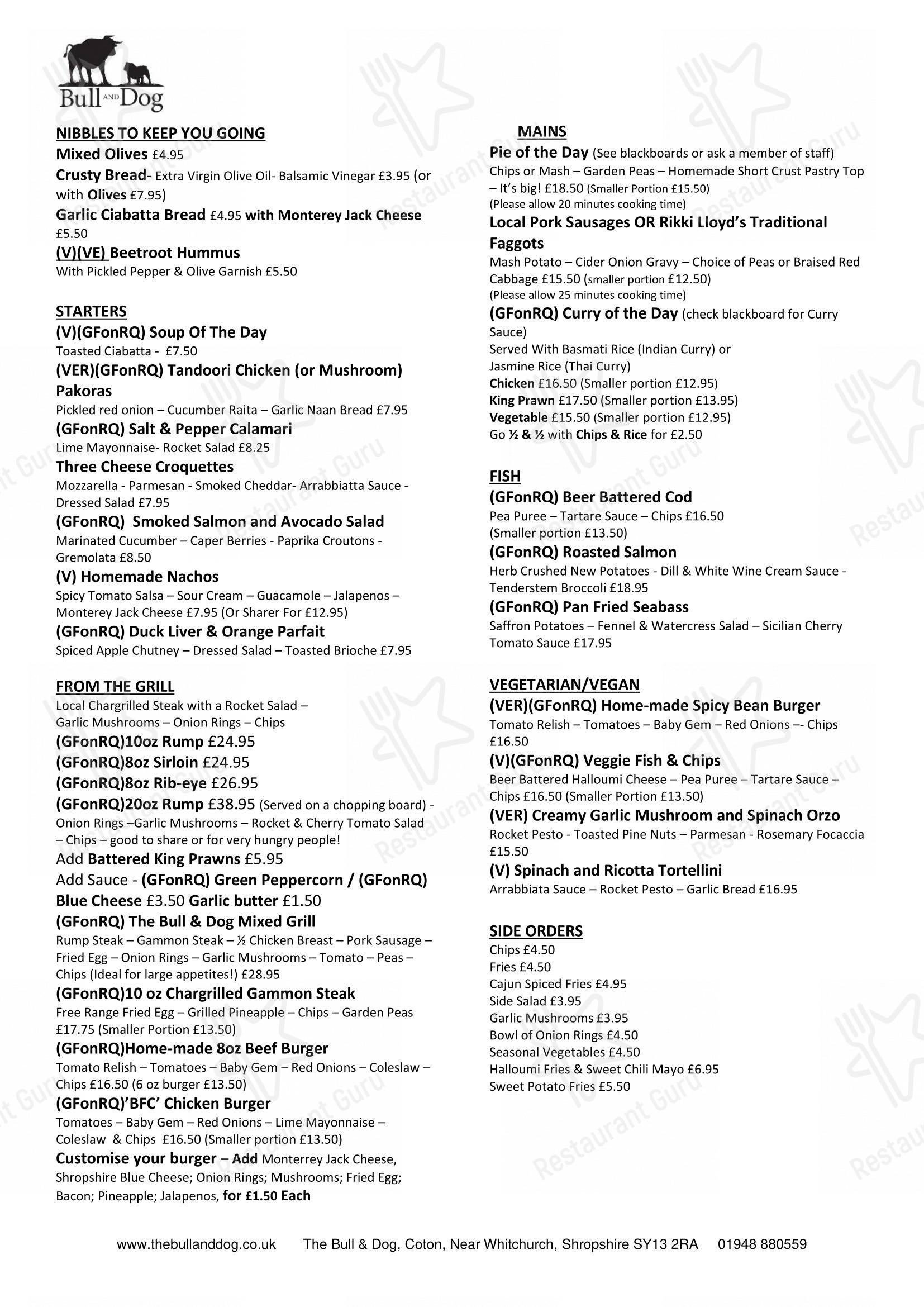 Menu at Bull & Dog pub & bar, Whitchurch Rural