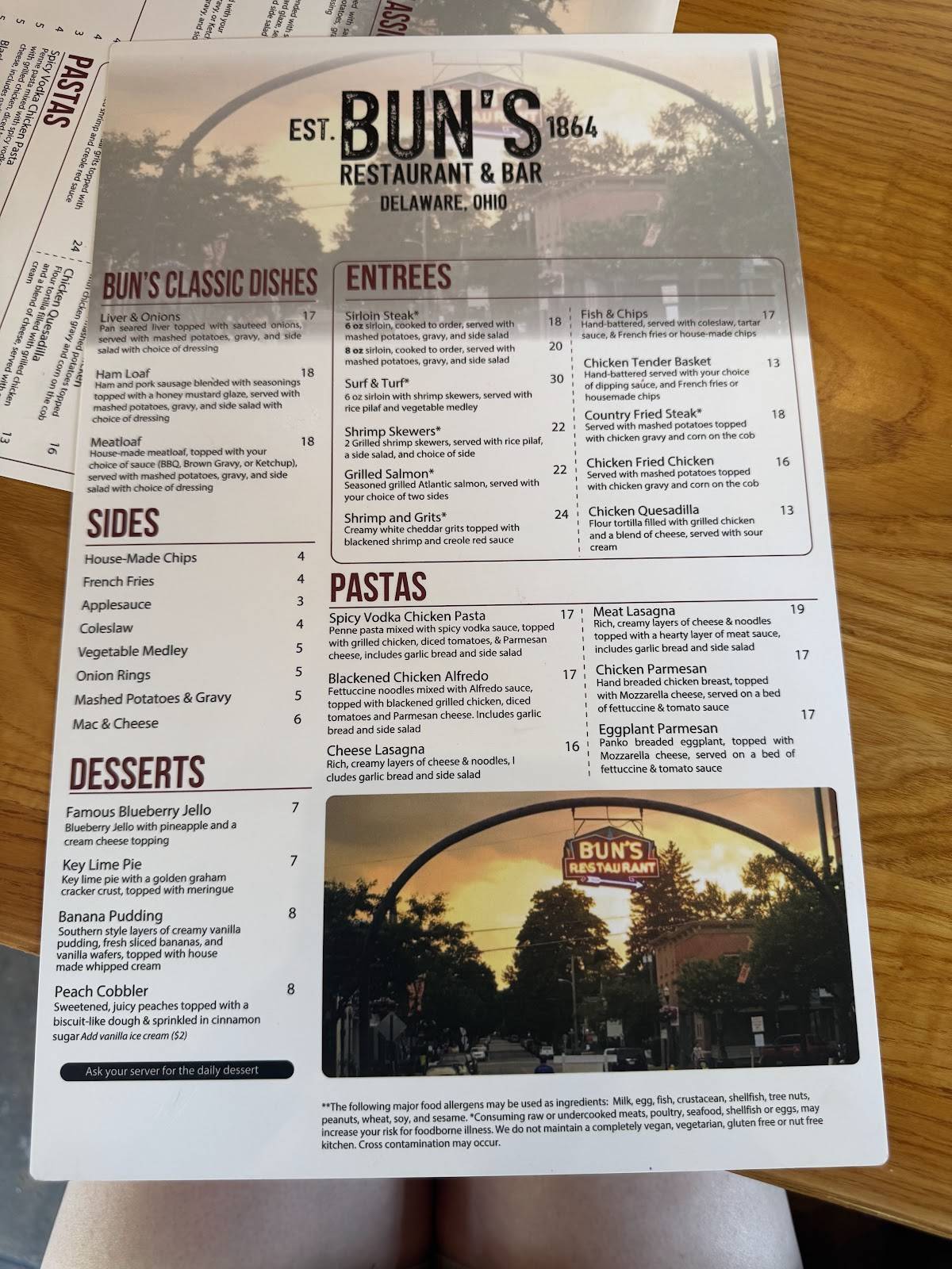 Menu at Bun's Restaurant and Bar, Delaware