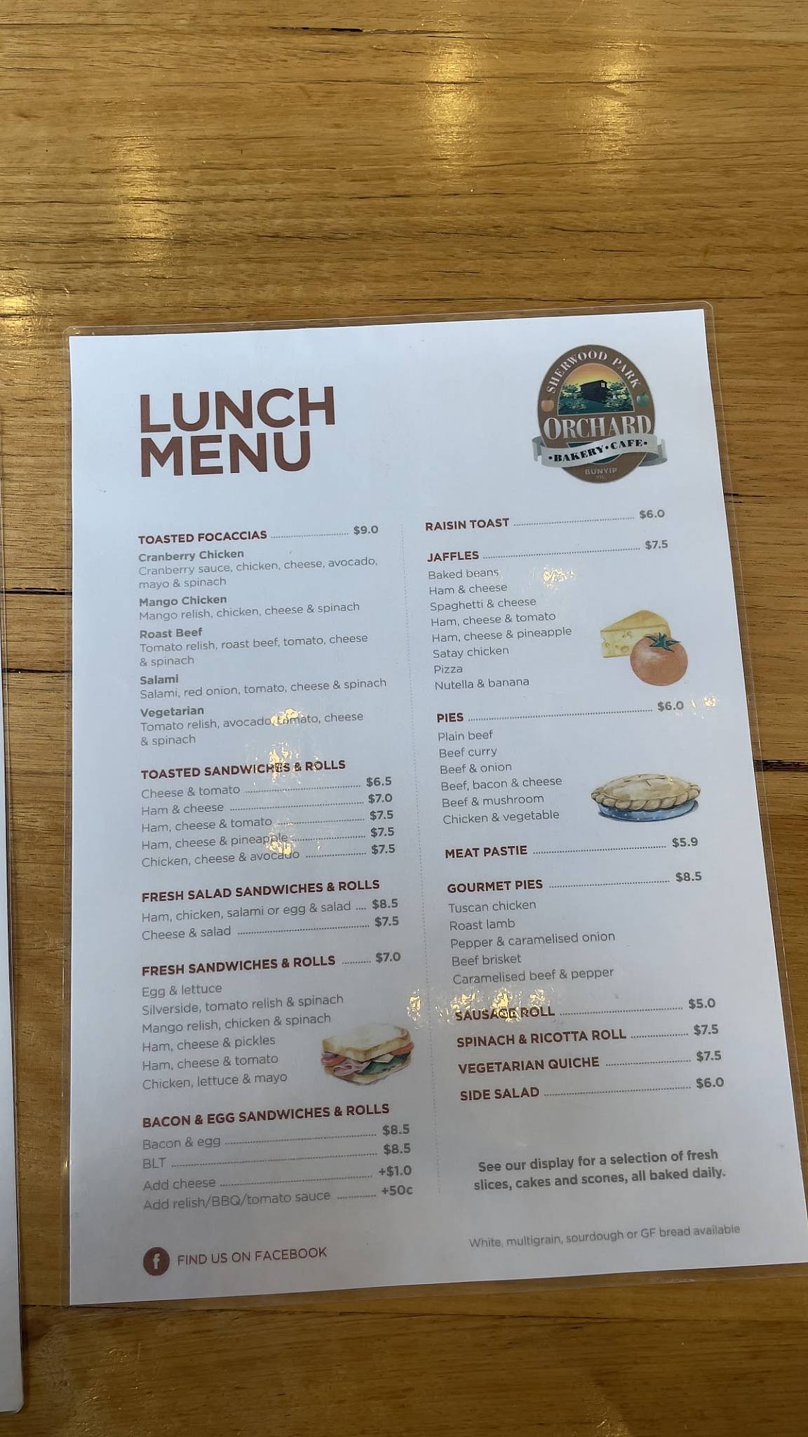 Menu at Sherwood Park Orchard cafe, Bunyip