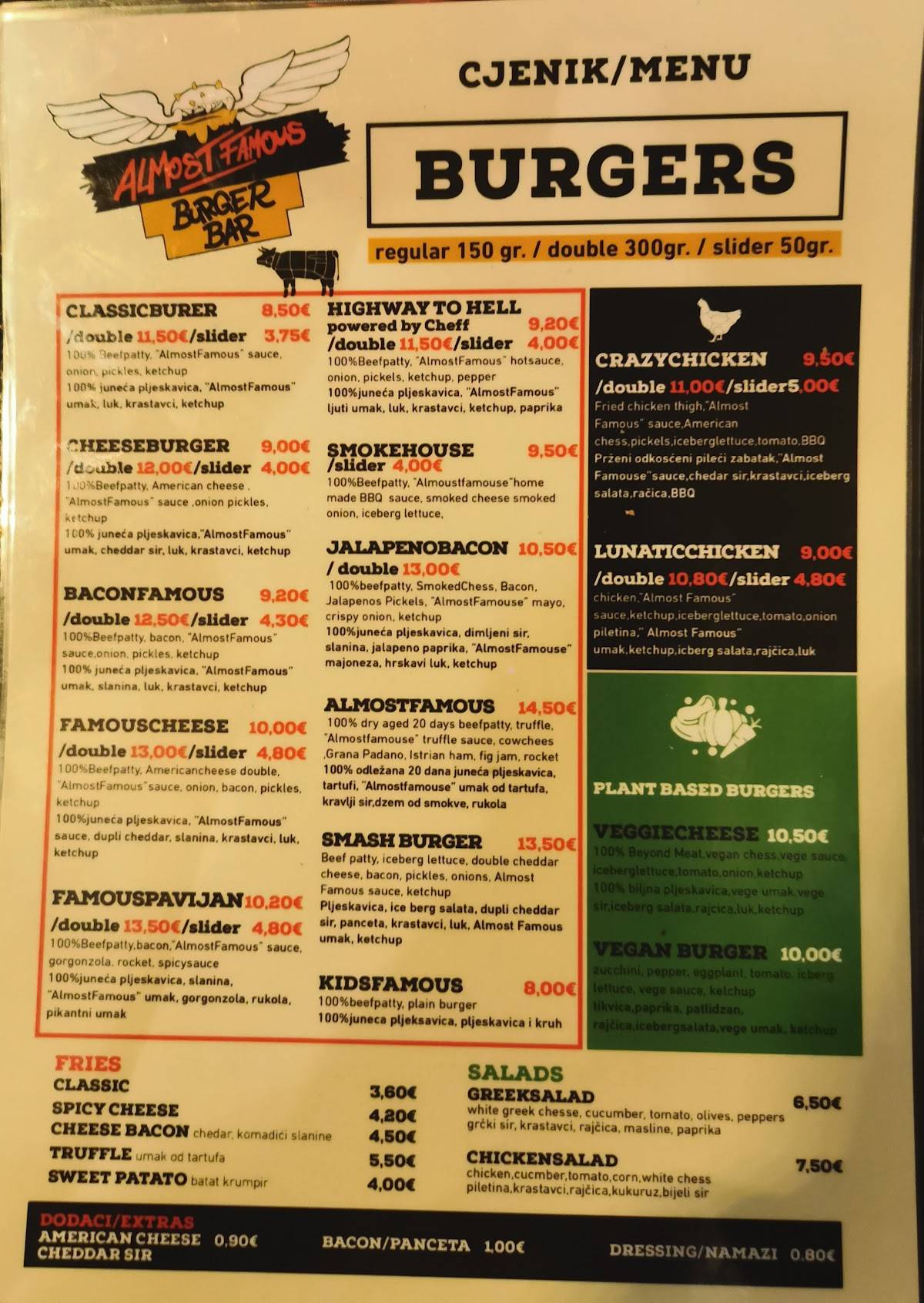 Menu at Burger Bar Almost Famous, Poreč