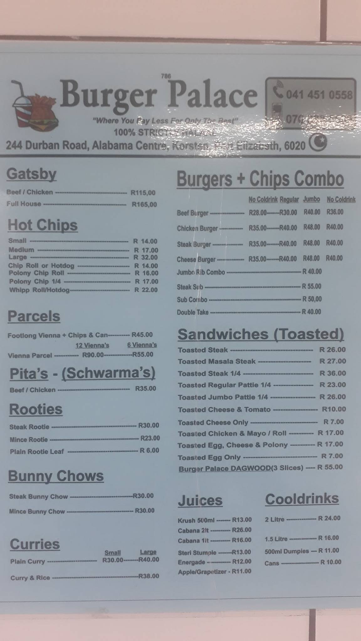 Menu at Burger Palace restaurant, Port Elizabeth