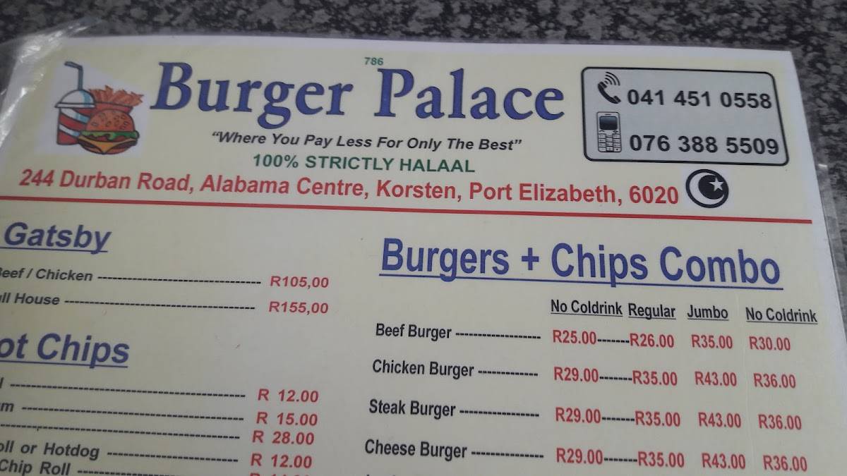 Menu at Burger Palace restaurant, Port Elizabeth