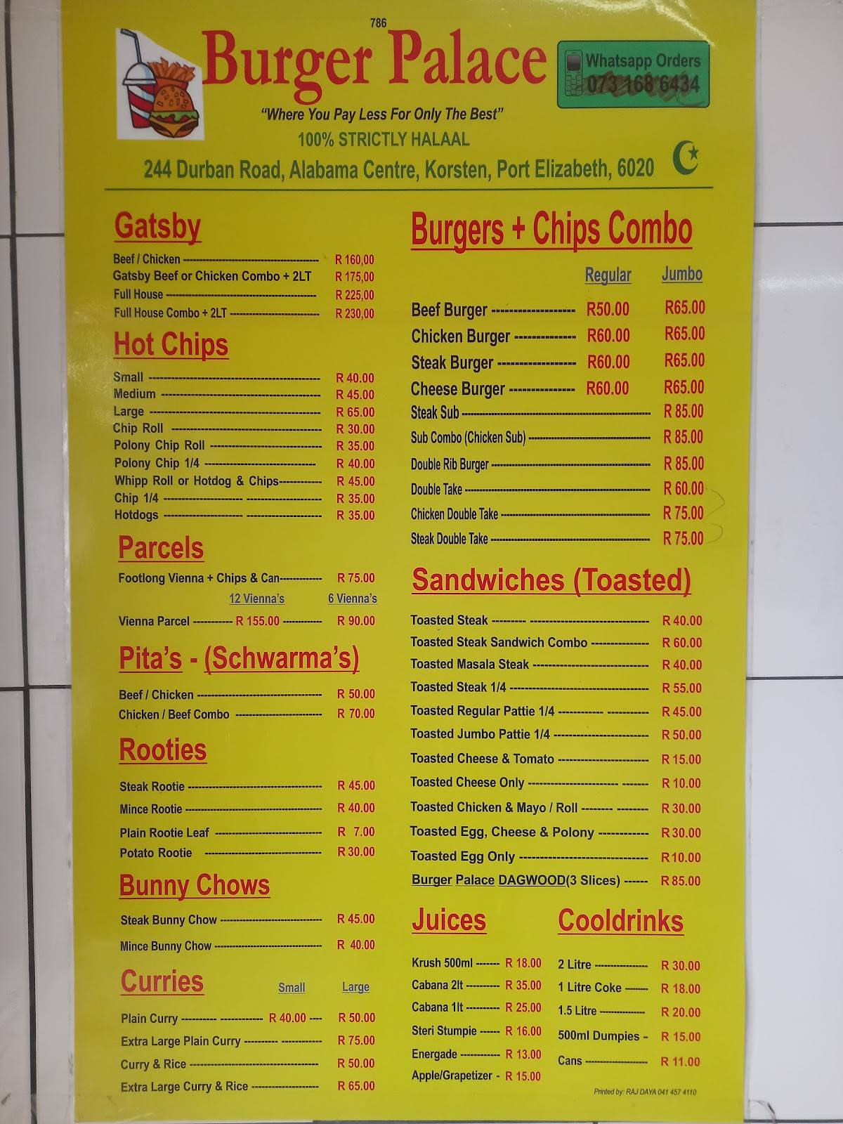 Menu at Burger Palace restaurant, Port Elizabeth