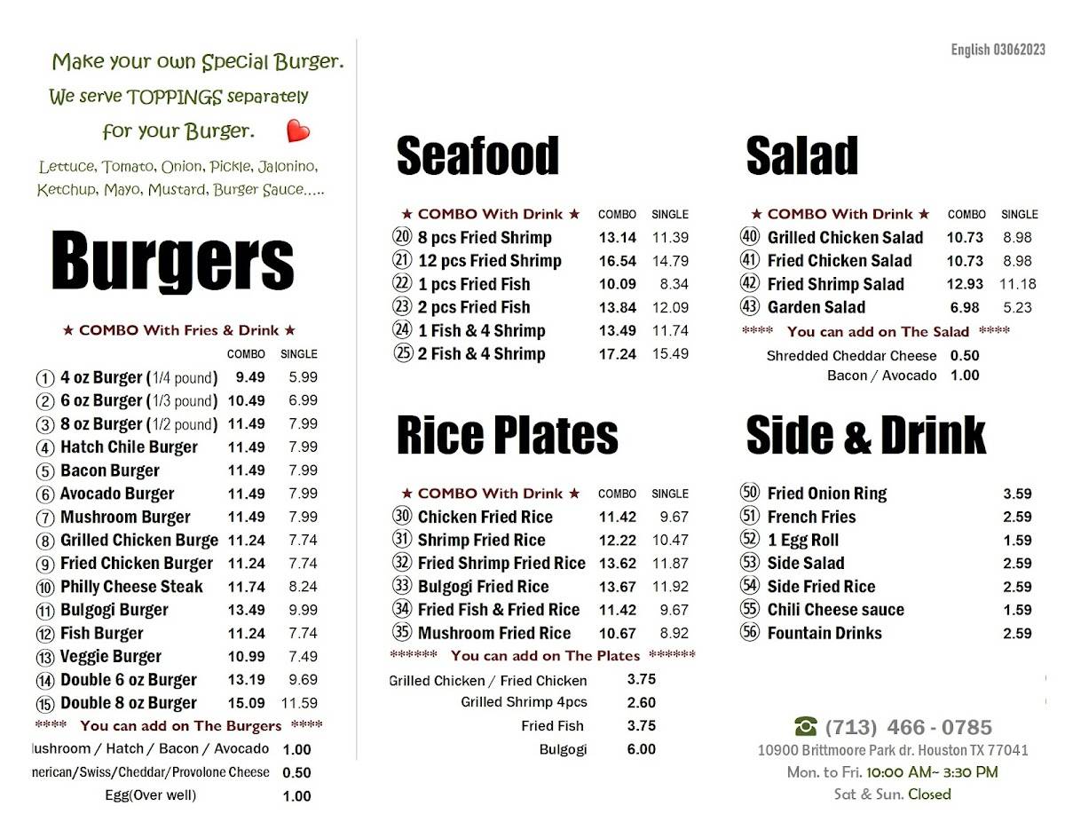 Menu at Burger Tex @ Brittmoore restaurant, Houston, Brittmoore Park Dr M