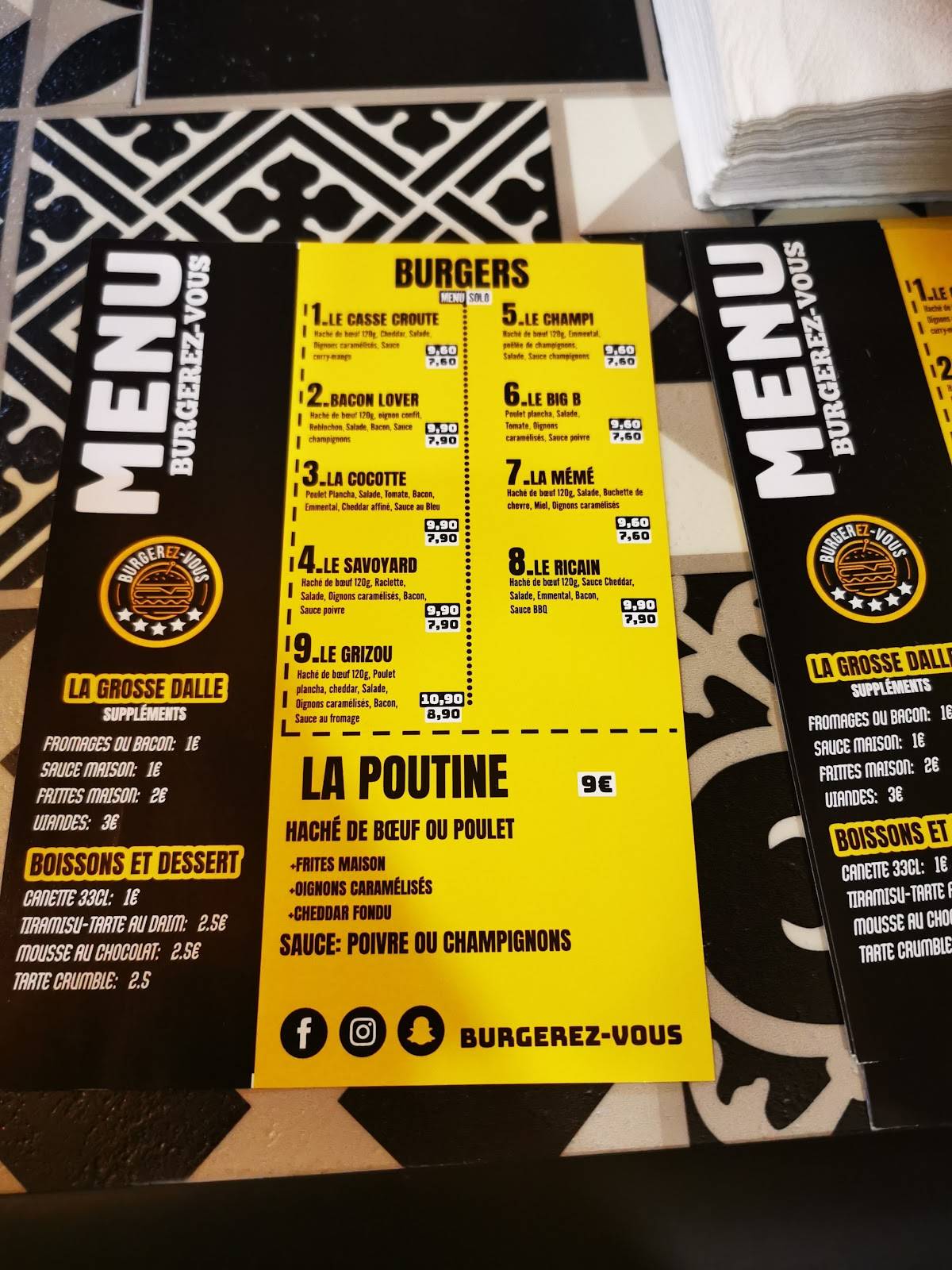 Menu au Burgerez-vous Avion restaurant, Avion