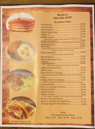 Menu at Burke's Convenience Store restaurant, Broken Bow