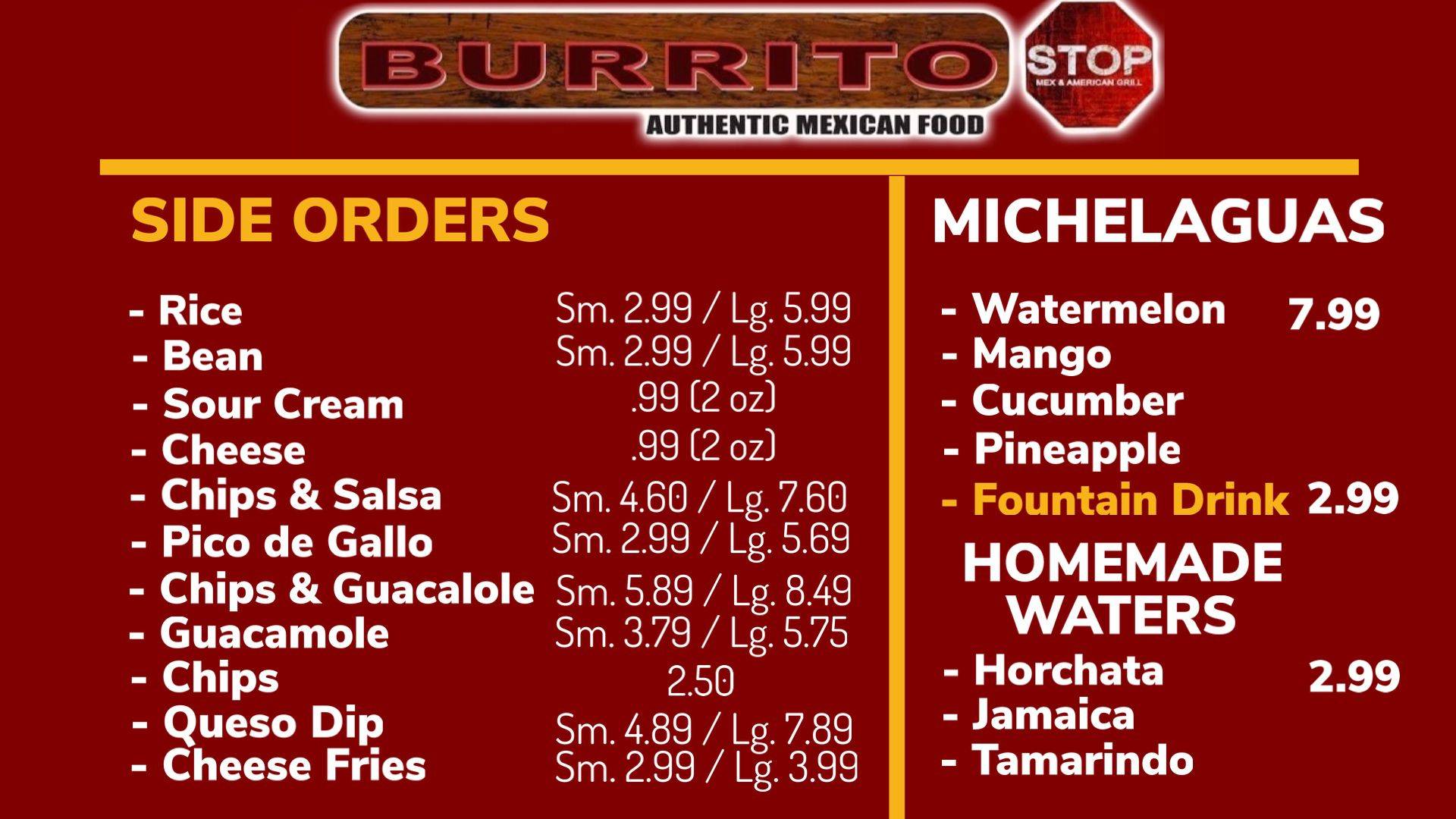 Menu at Burrito Stop Mex and American Grill restaurant, Whiting