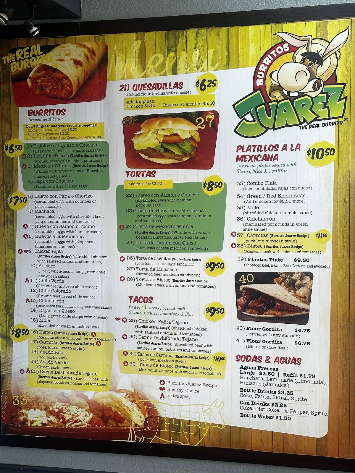Menu at Burritos Juarez restaurant, El Paso, Dyer St