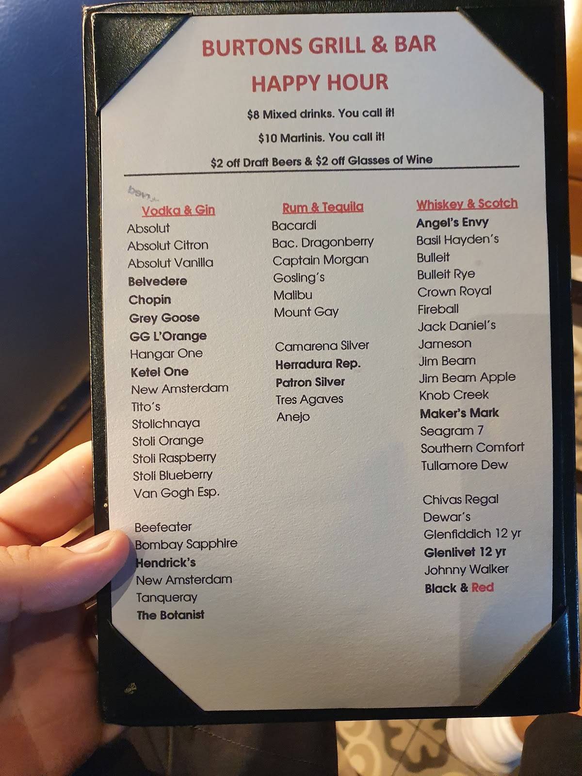 Menu at Burtons Grill & Bar, Boca Raton