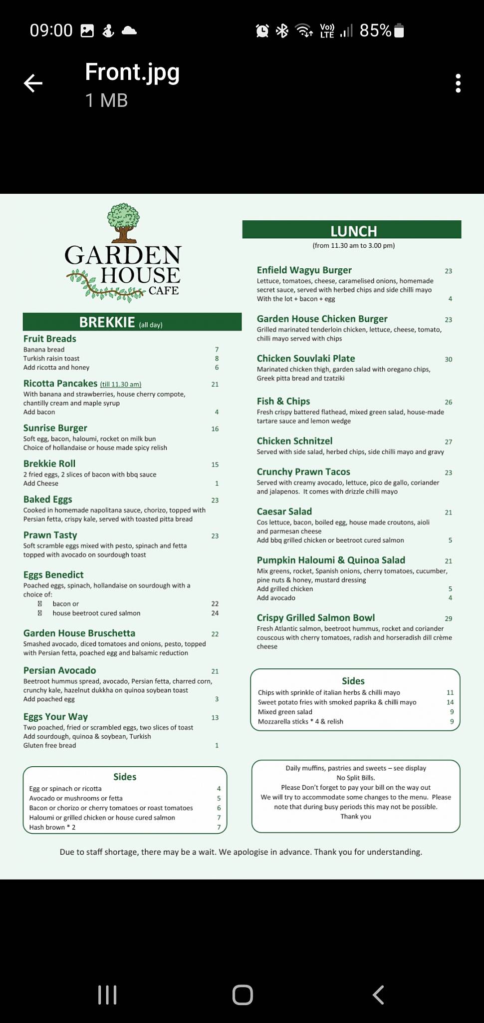 Menu at Garden House Cafe, Enfield