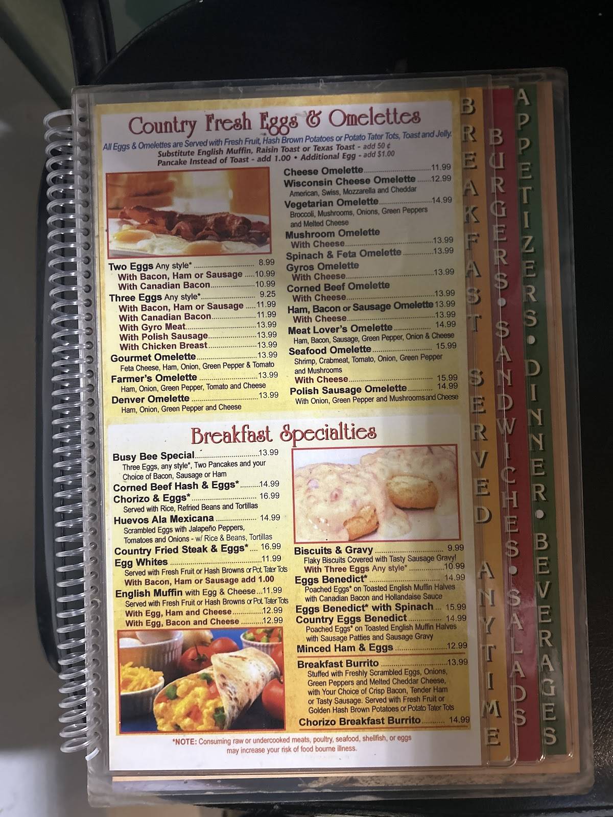 Menu at Busy Bee restaurant, Wonder Lake