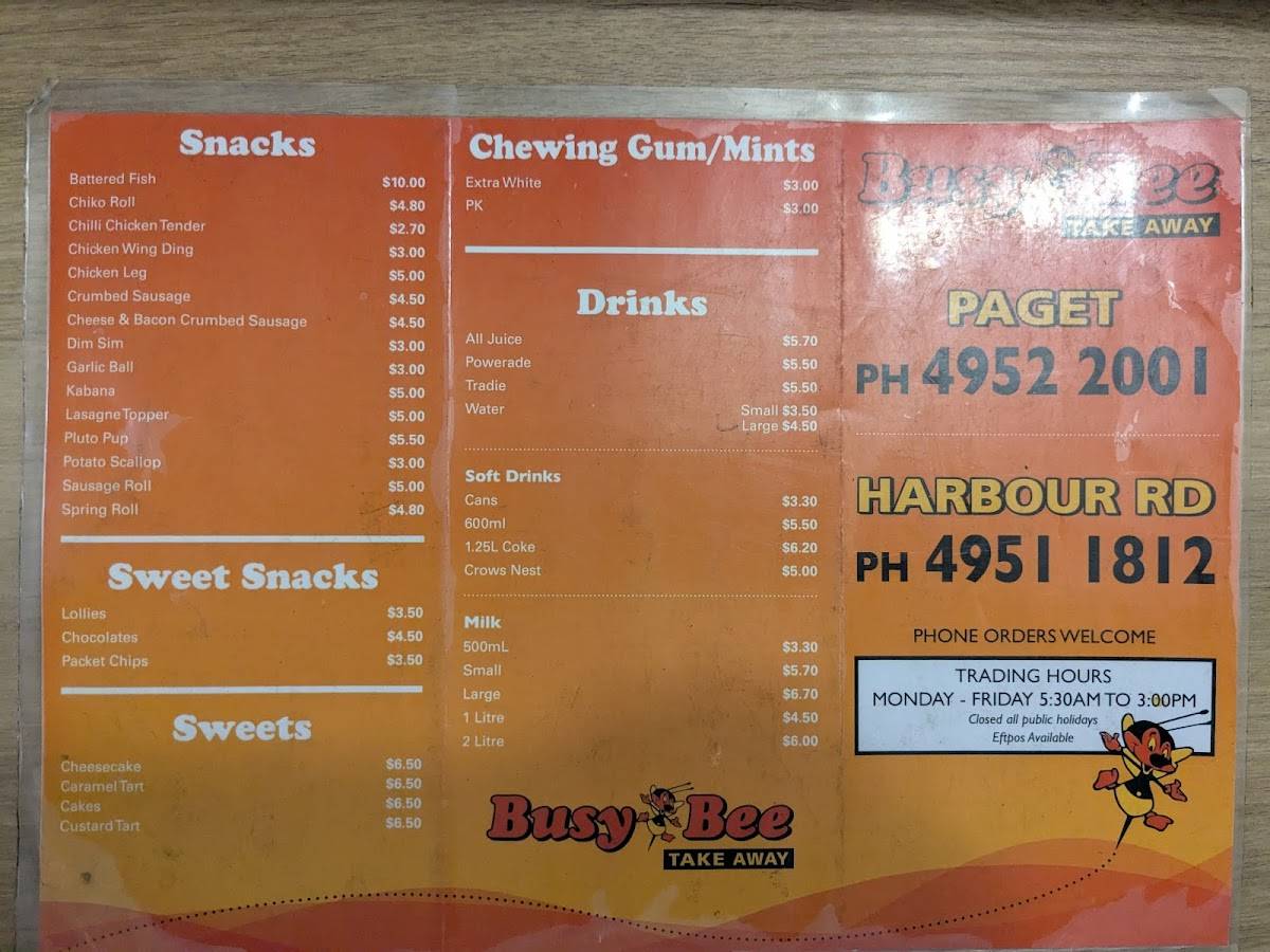 Menu at Busy Bee fast food, North Mackay