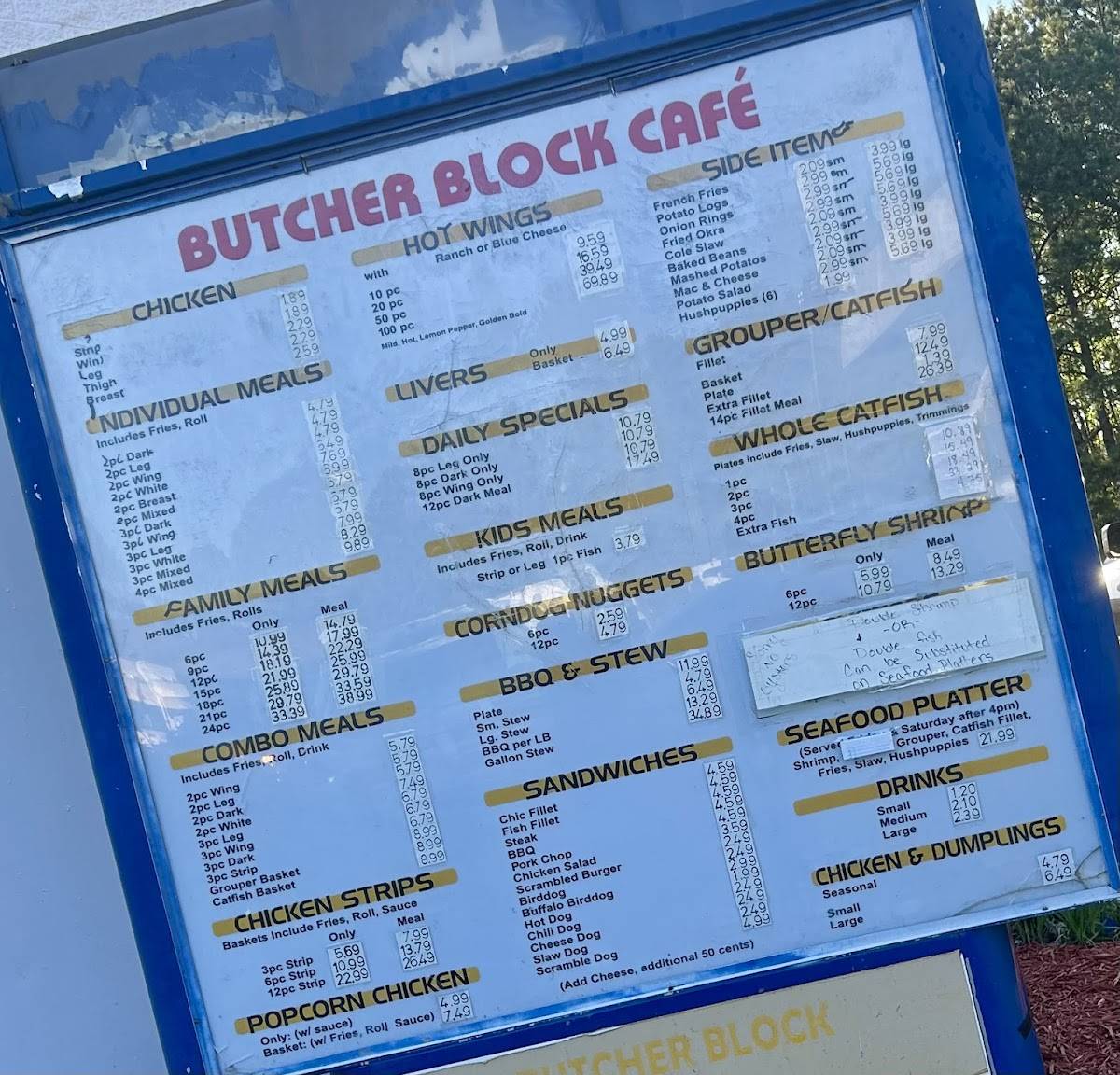 Menu at Butcher Block Cafe, Manchester