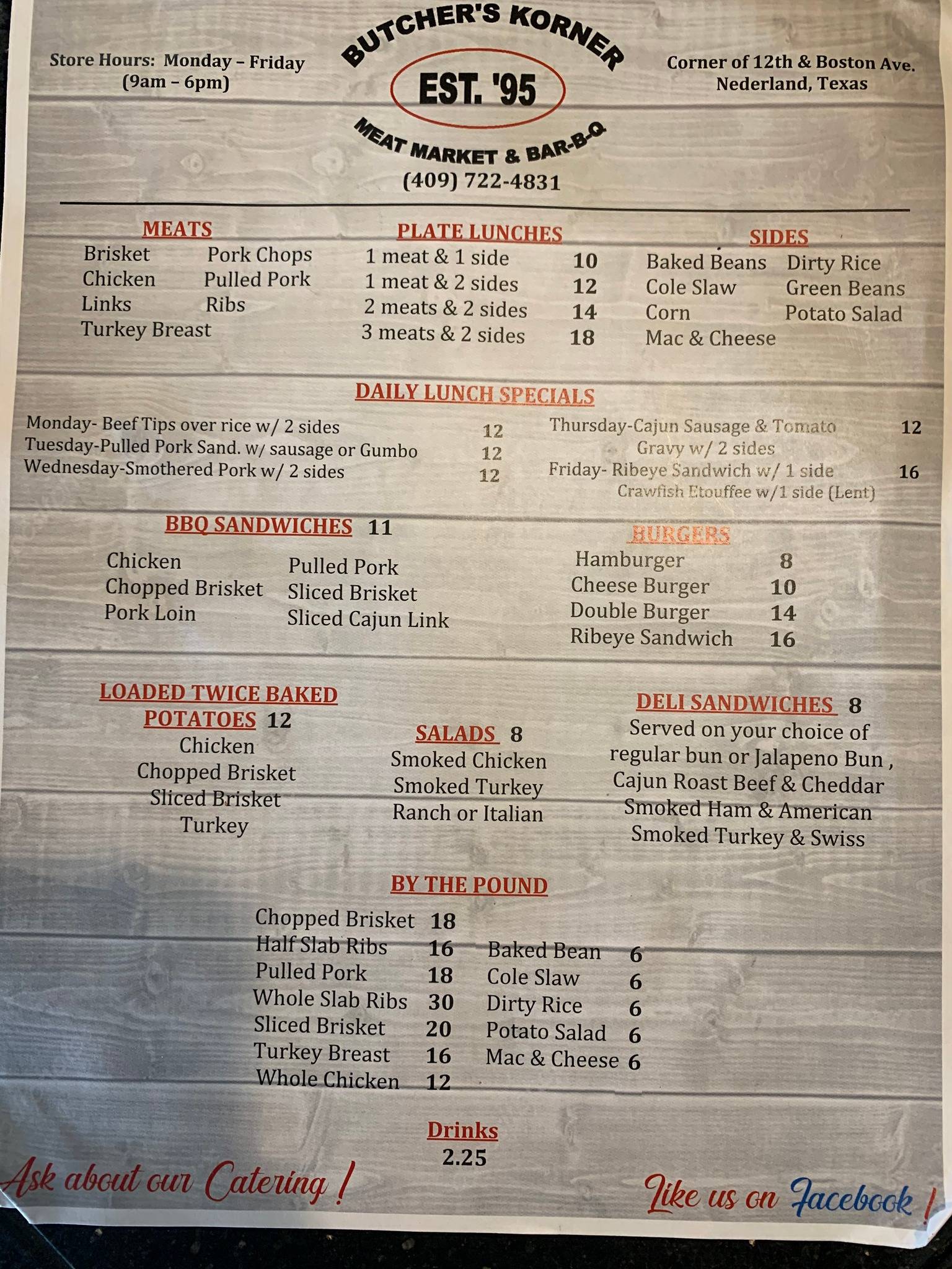 Menu at Butchers Korner BBQ, Nederland