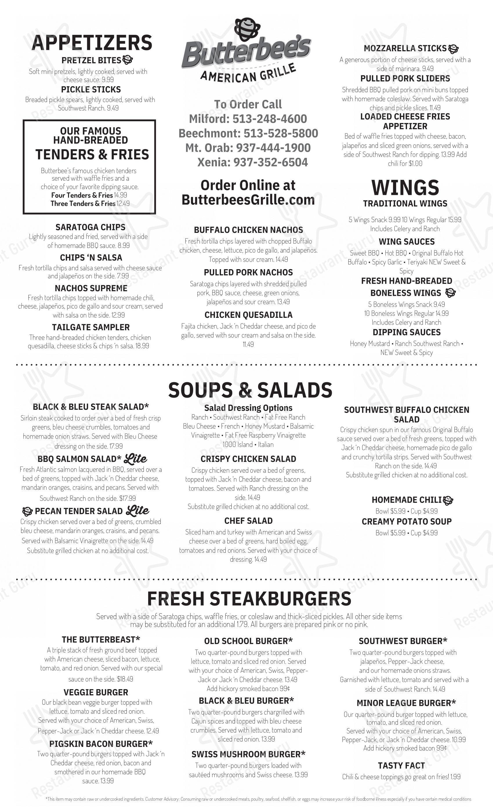 Menu at Butterbee's American Grille pub & bar, Xenia