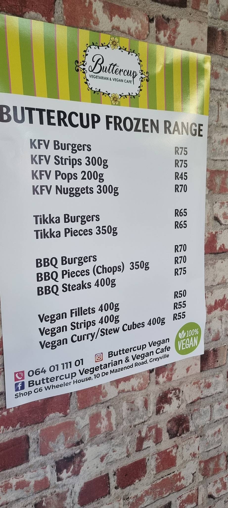 Menu at Buttercup vegetarian and vegan Cafe, Durban