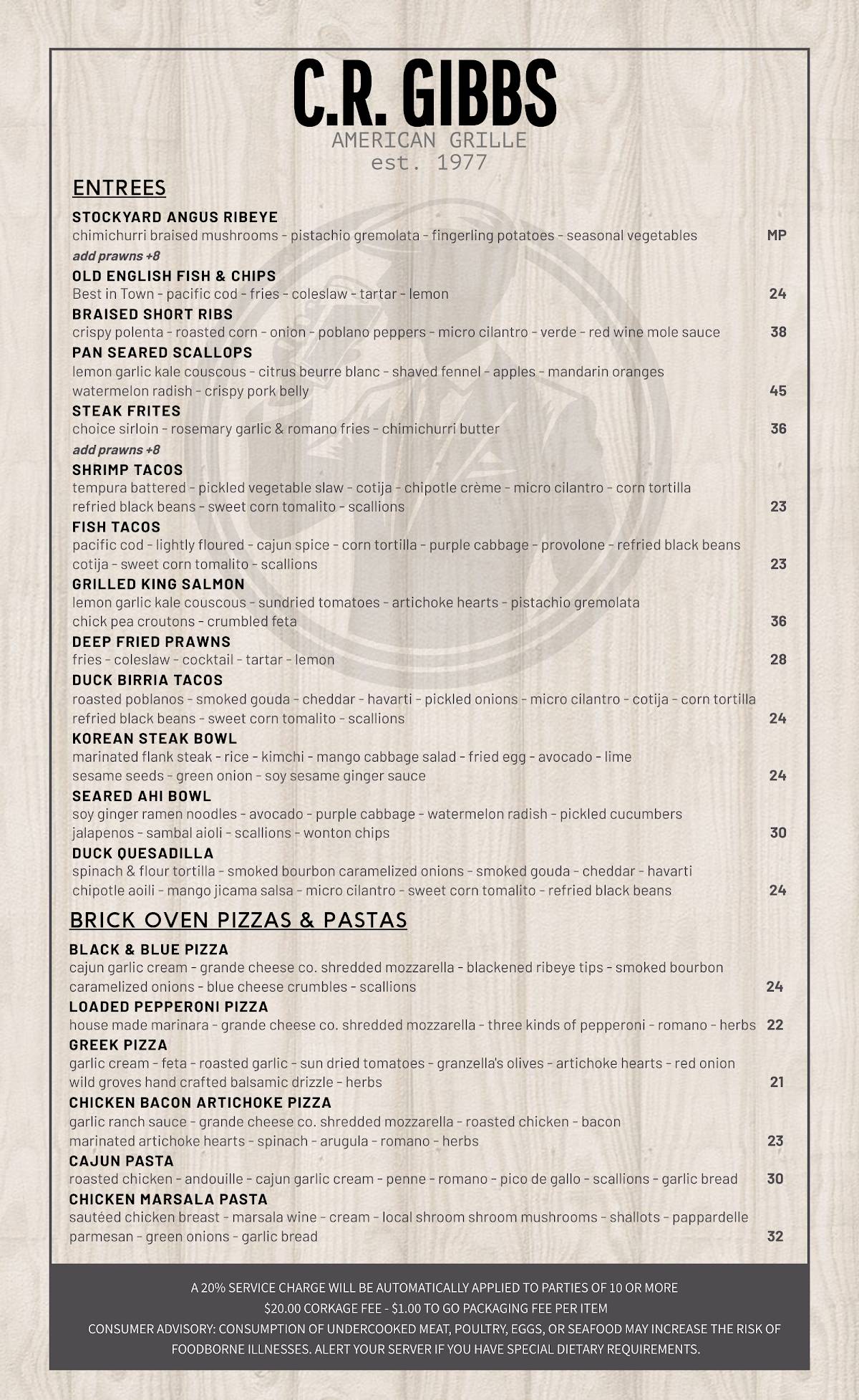 Menu at C.R. Gibbs American Grille restaurant, Redding