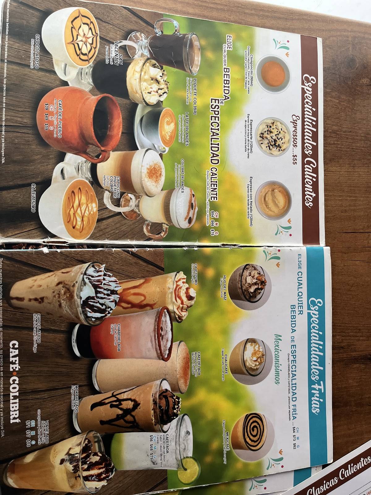 Carta de CAFE COLIBRI PLAZA CU, Heroica Puebla de Zaragoza