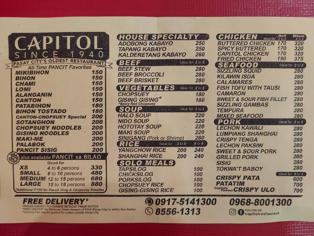 Menu at CAPITOL PARES LIBERTAD restaurant, Pasay