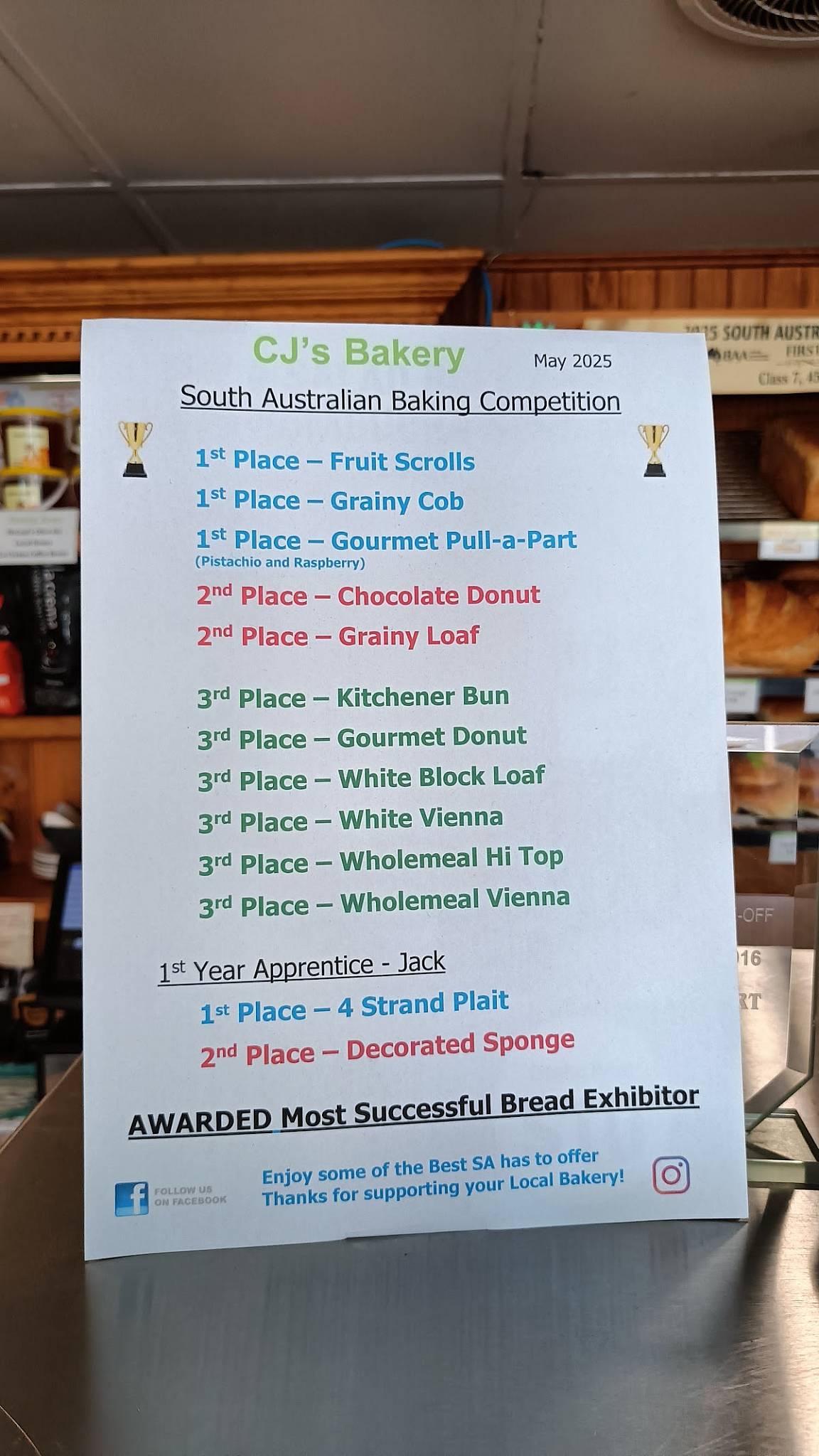 Menu at CJ's Bakery, Christies Beach