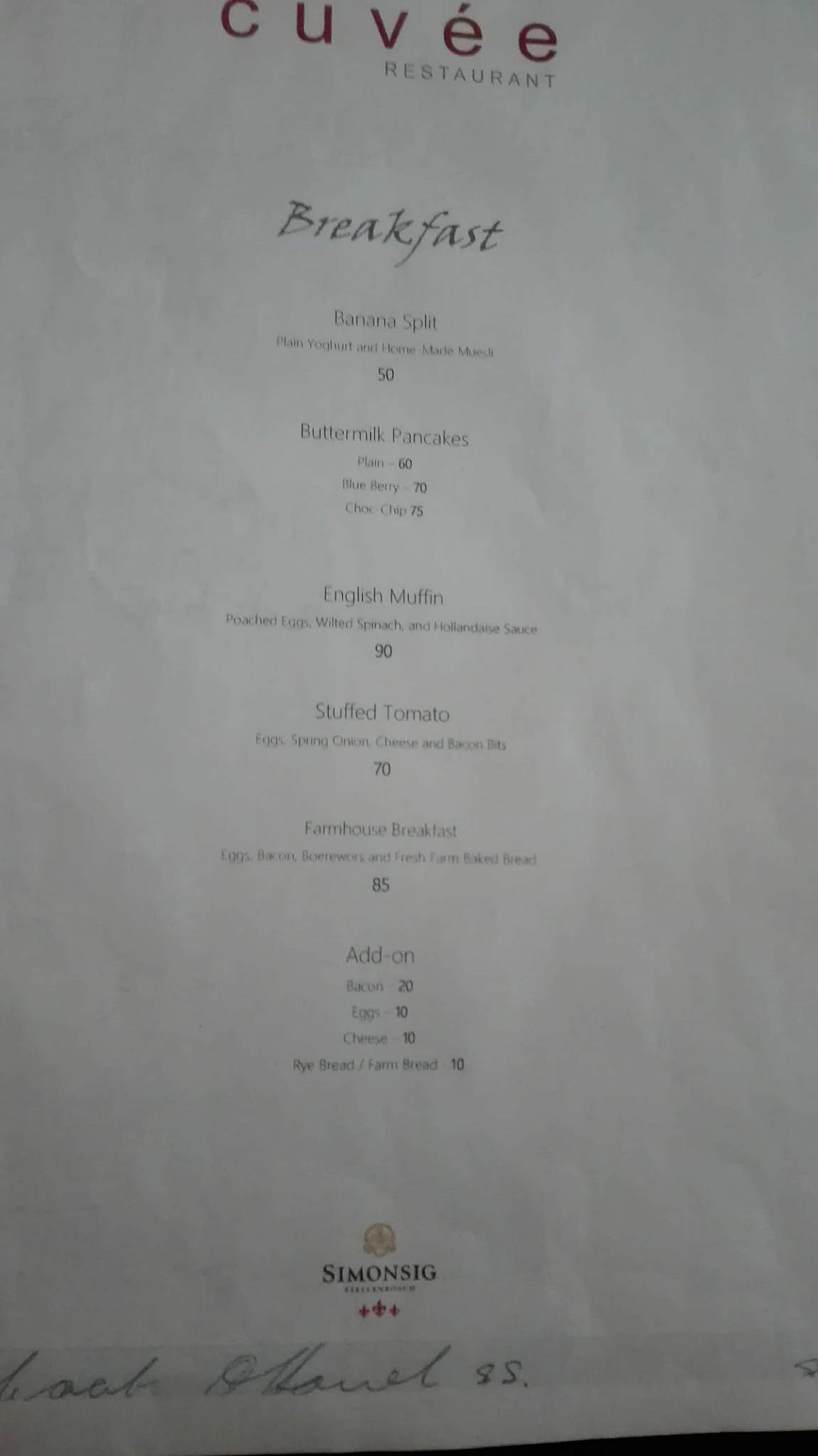 Menu at CUVEE AT SIMONSIG restaurant, Cape Town